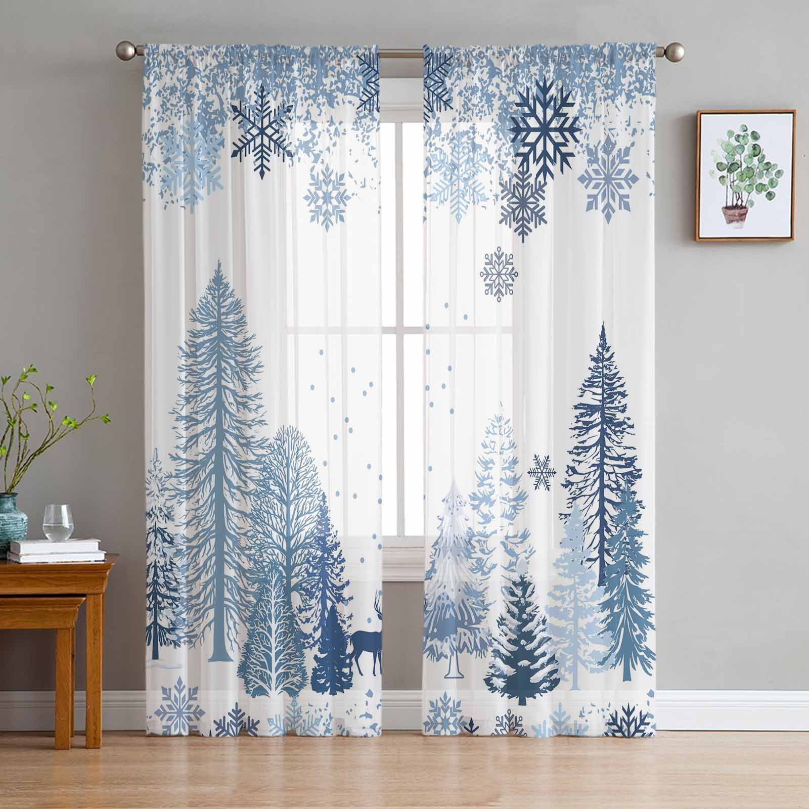 ERUNPONLY Blue Christmas Sheer Curtains 63 Inch Length 2 Panels Set ...