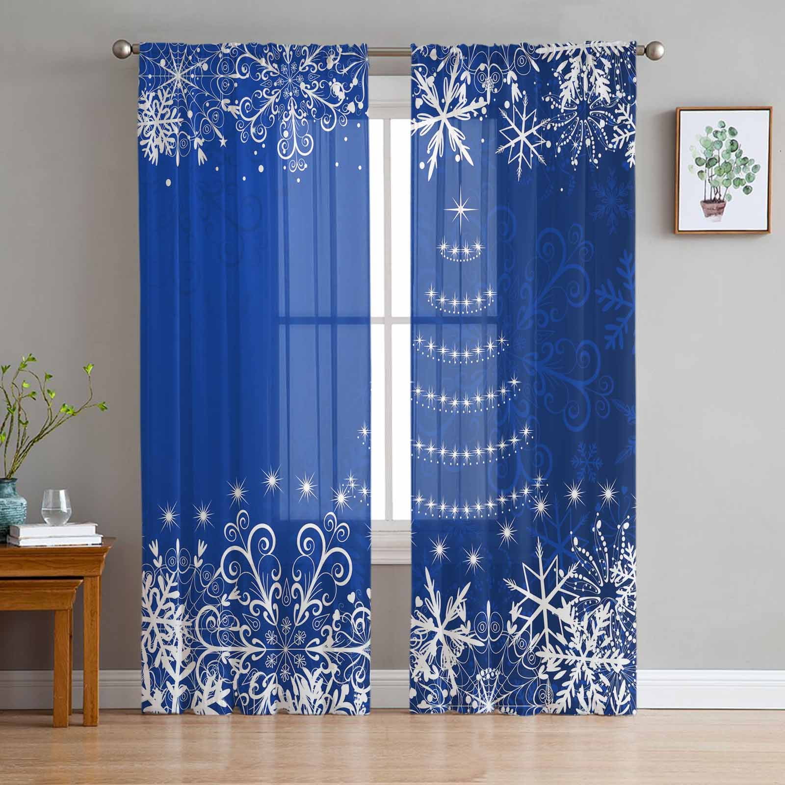 ERUNPONLY Blue Christmas Sheer Curtains 84 Inch Length 2 Panels Set ...