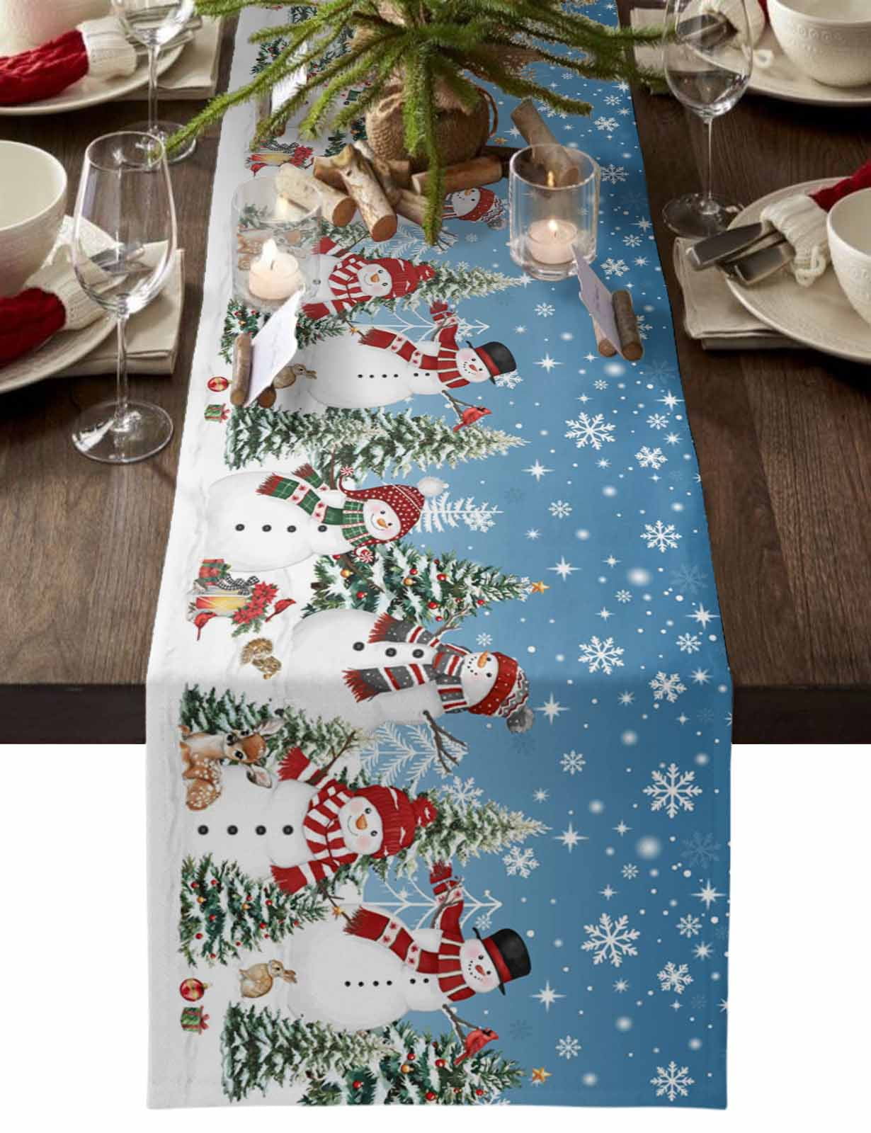 ERUNPONLY Blue Christmas Table Runner - 120 Inch Long Xmas Snowman Tree ...