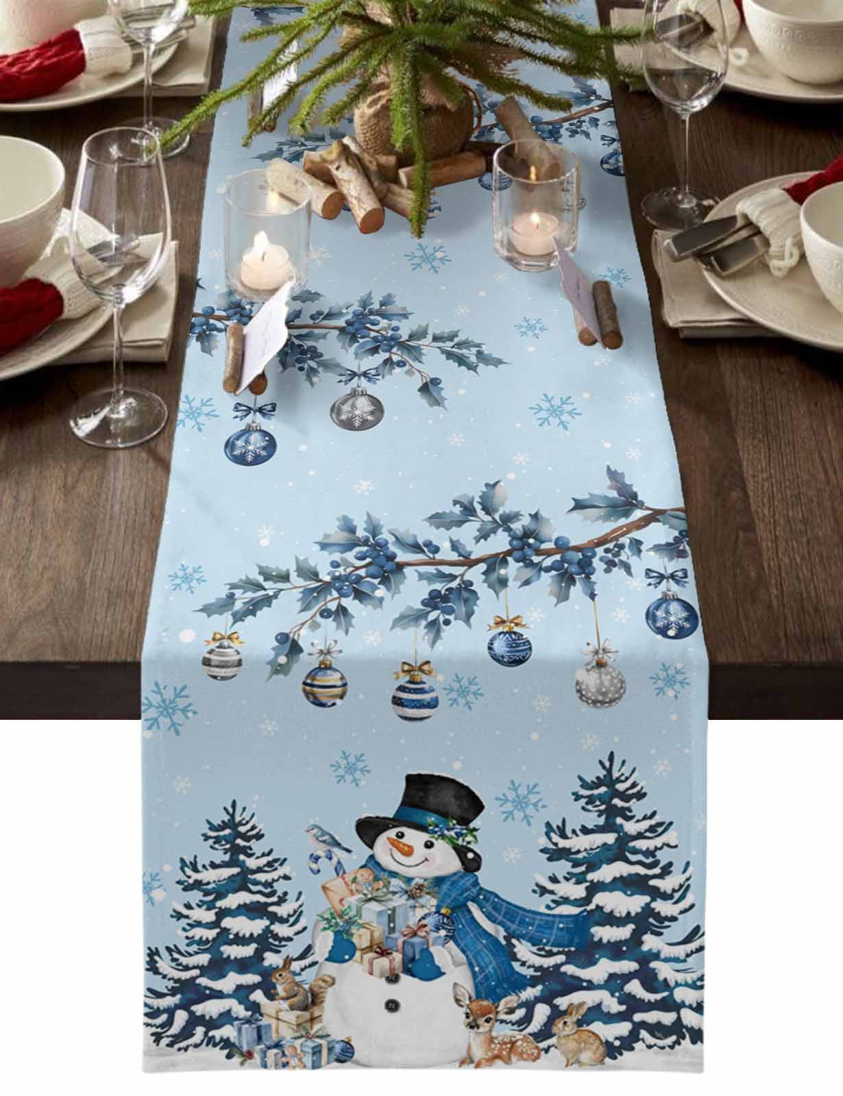 ERUNPONLY Blue Christmas Table Runner - 70 Inch Long Snowman Xmas Tree ...