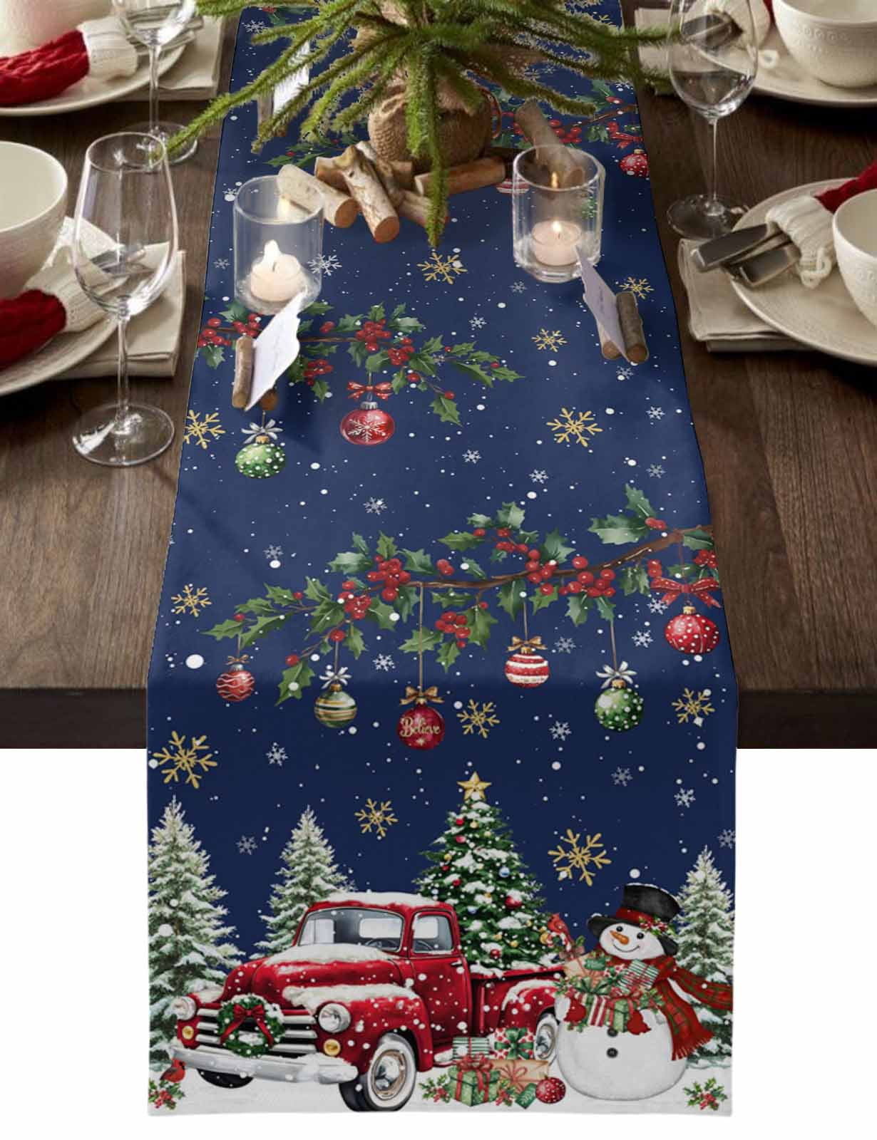 ERUNPONLY Blue Christmas Table Runner - 70 Inch Long Xmas Snowman Truck ...