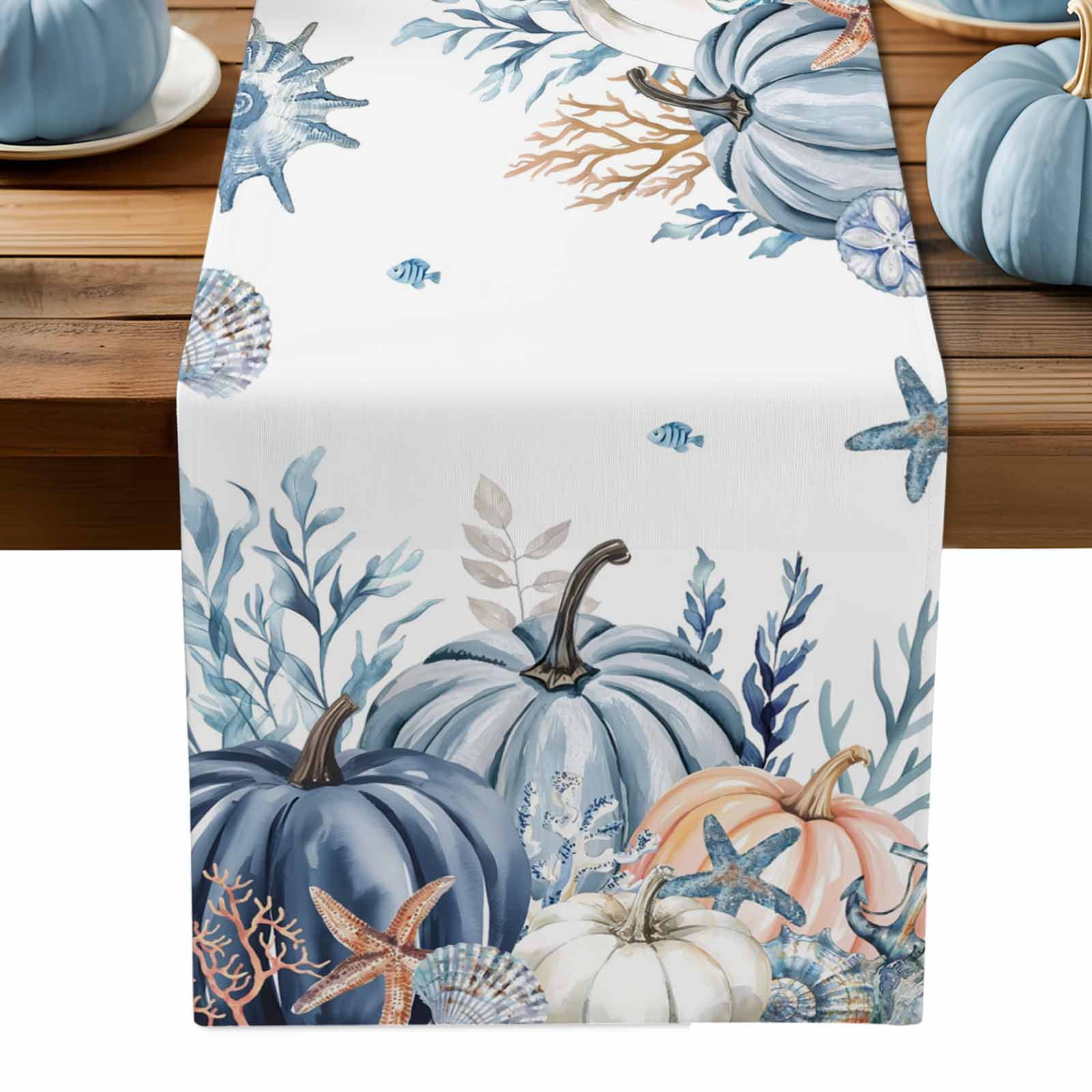 ERUNPONLY Blue Coastal Fall Table Runner - 72 Inch Long Thanksgiving ...