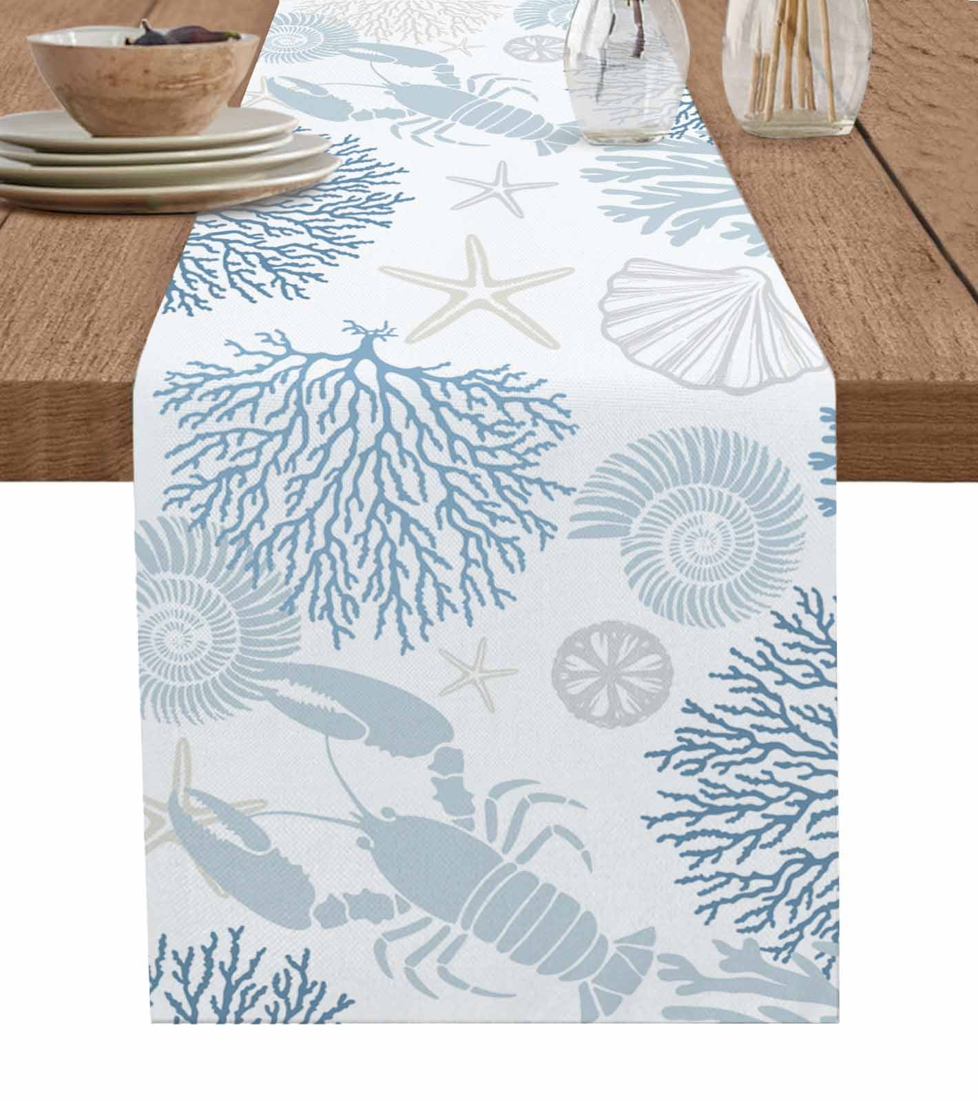 ERUNPONLY Blue Coastal Table Runner - 72 Inch Long Summer Lobster Coral ...
