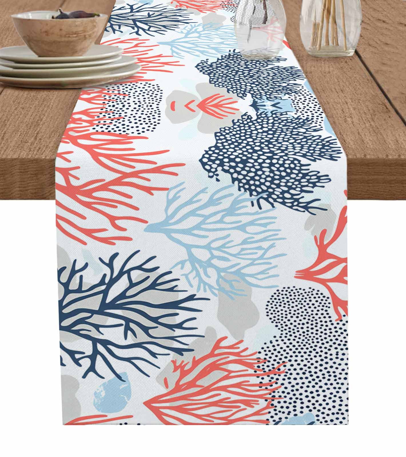 ERUNPONLY Blue Coral Table Runner - 108 Inch Long Summer Watercolor ...