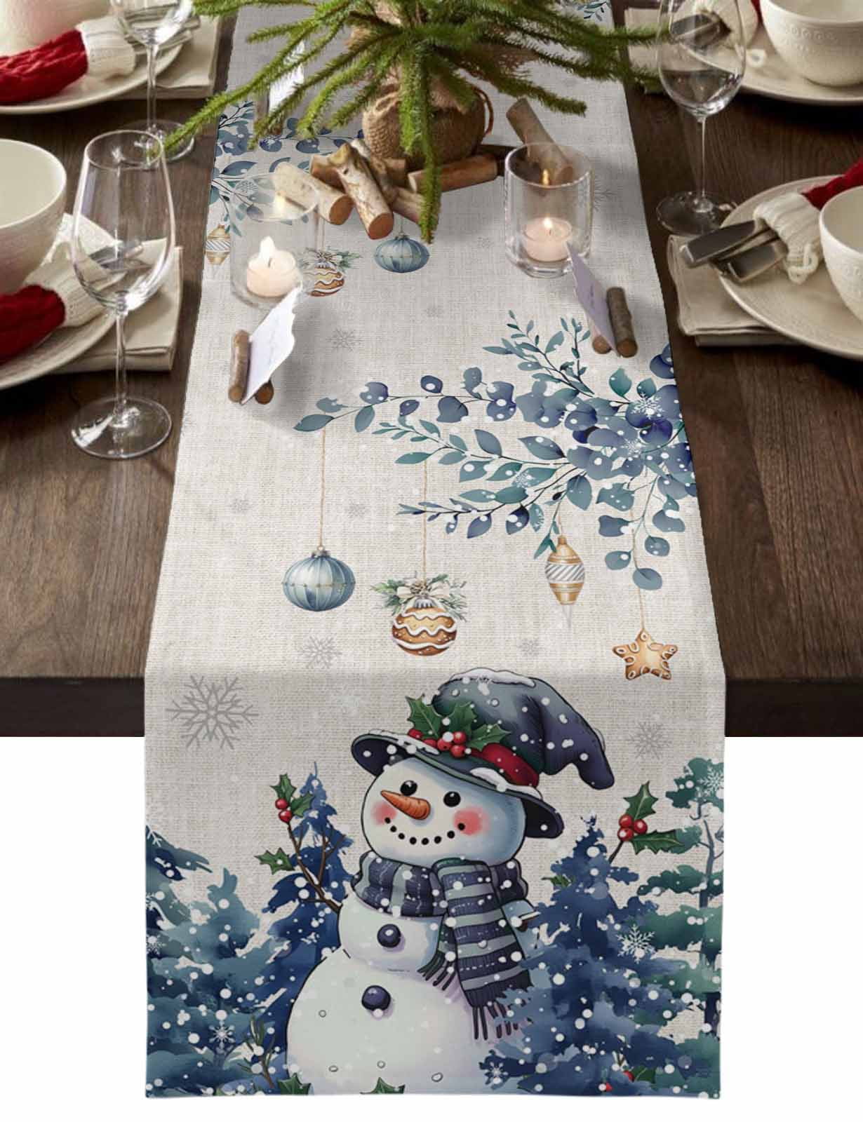 ERUNPONLY Blue Eucalyptus Christmas Table Runner - 90 Inch Long Snowman ...