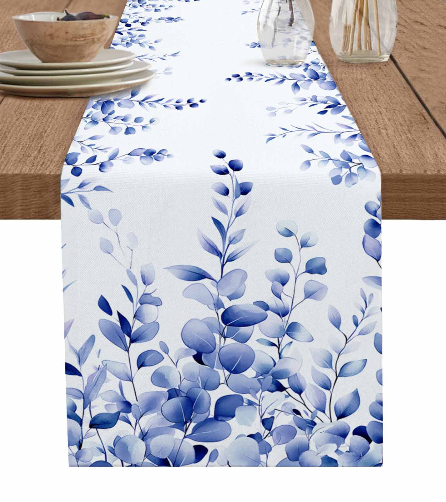 ERUNPONLY Blue Eucalyptus Table Runner - 72 Inch Long Botanical Plant ...