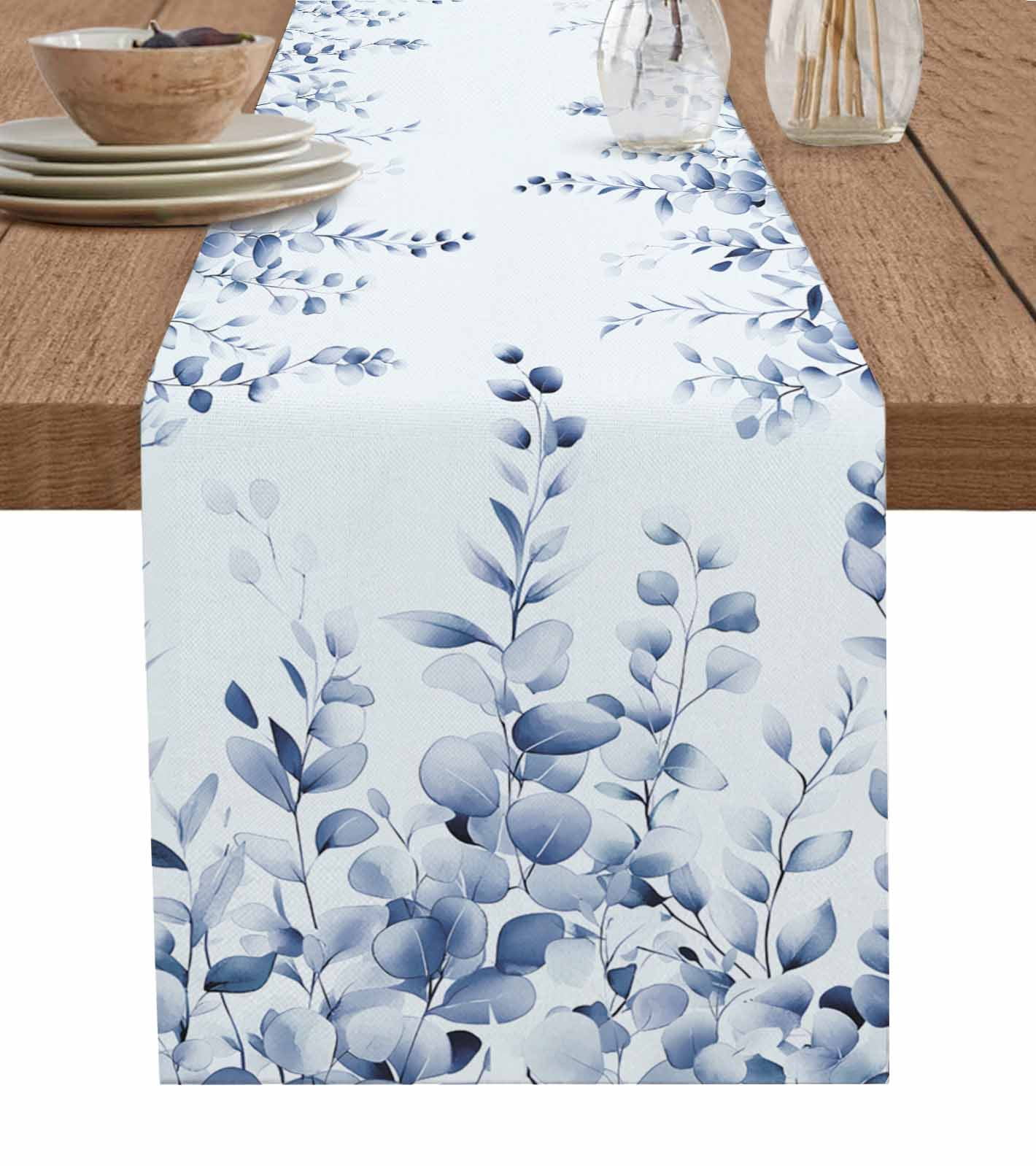ERUNPONLY Blue Eucalyptus Table Runner - 90 Inch Long Botanical Plant ...