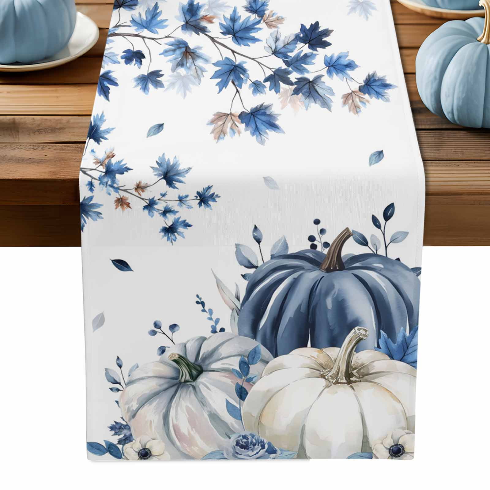 ERUNPONLY Blue Fall Pumpkins Table Runner - 70 Inch Long Maple Leaf ...