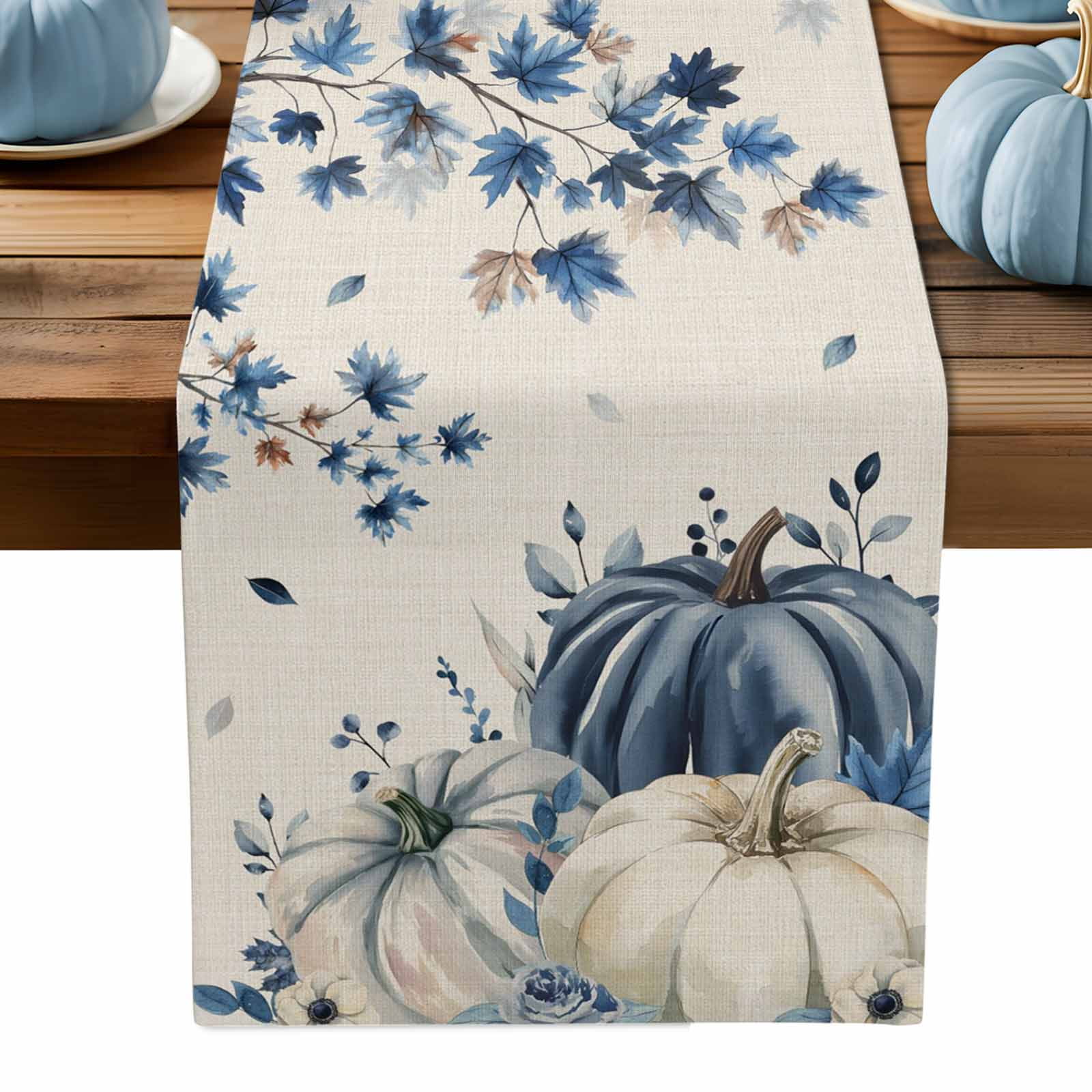 ERUNPONLY Blue Fall Pumpkins Table Runner - 72 Inch Long Thanksgiving ...