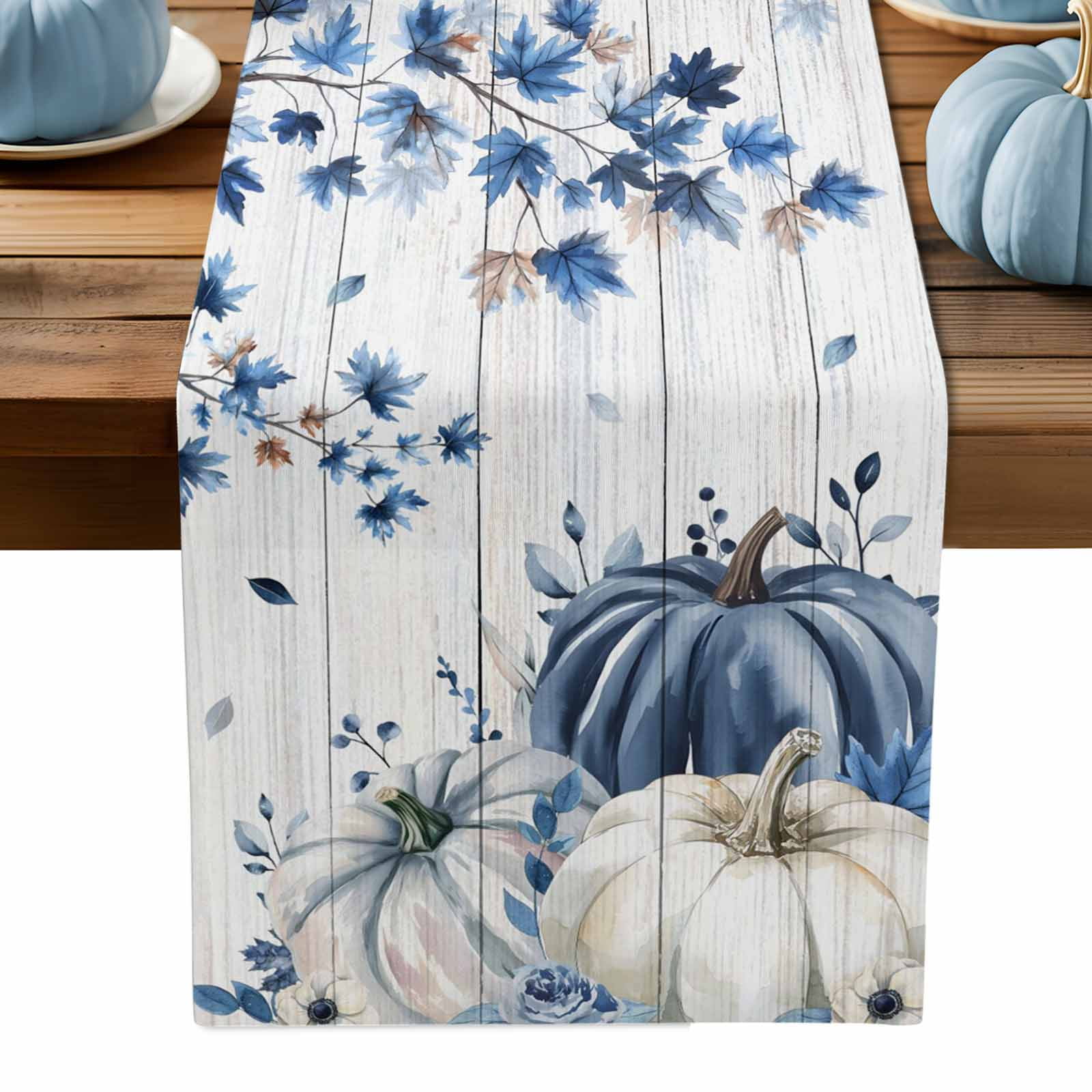ERUNPONLY Blue Fall Pumpkins Table Runner - 90 Inch Long Thanksgiving ...