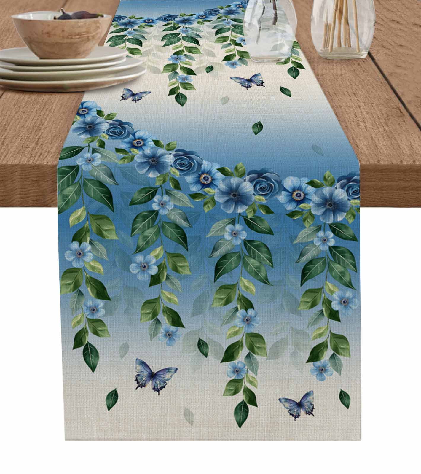 ERUNPONLY Blue Floral Spring Table Runner - 90 Inch Long Summer ...
