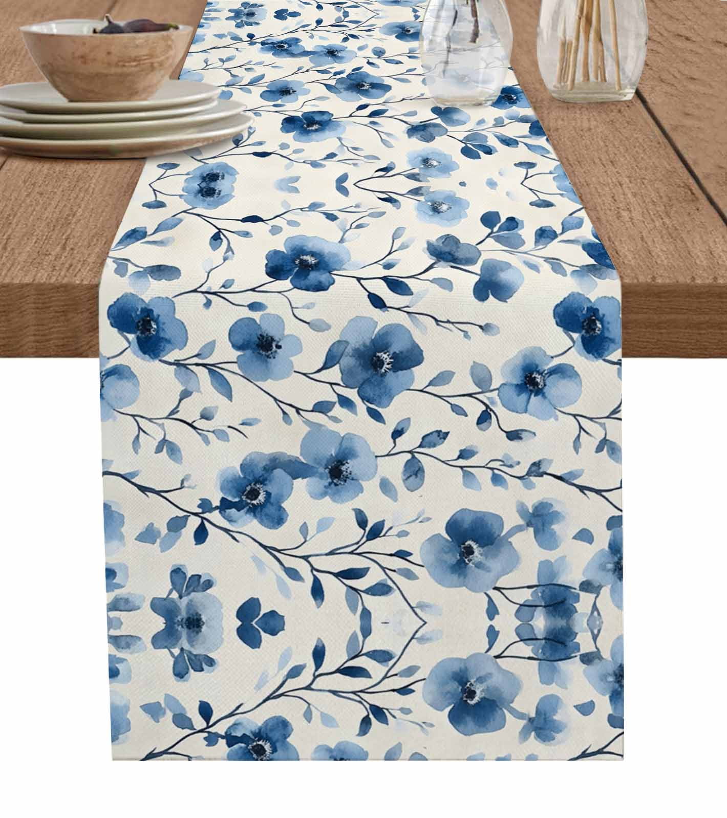 ERUNPONLY Blue Flower Table Runner - 108 Inch Long Watercolor Floral ...