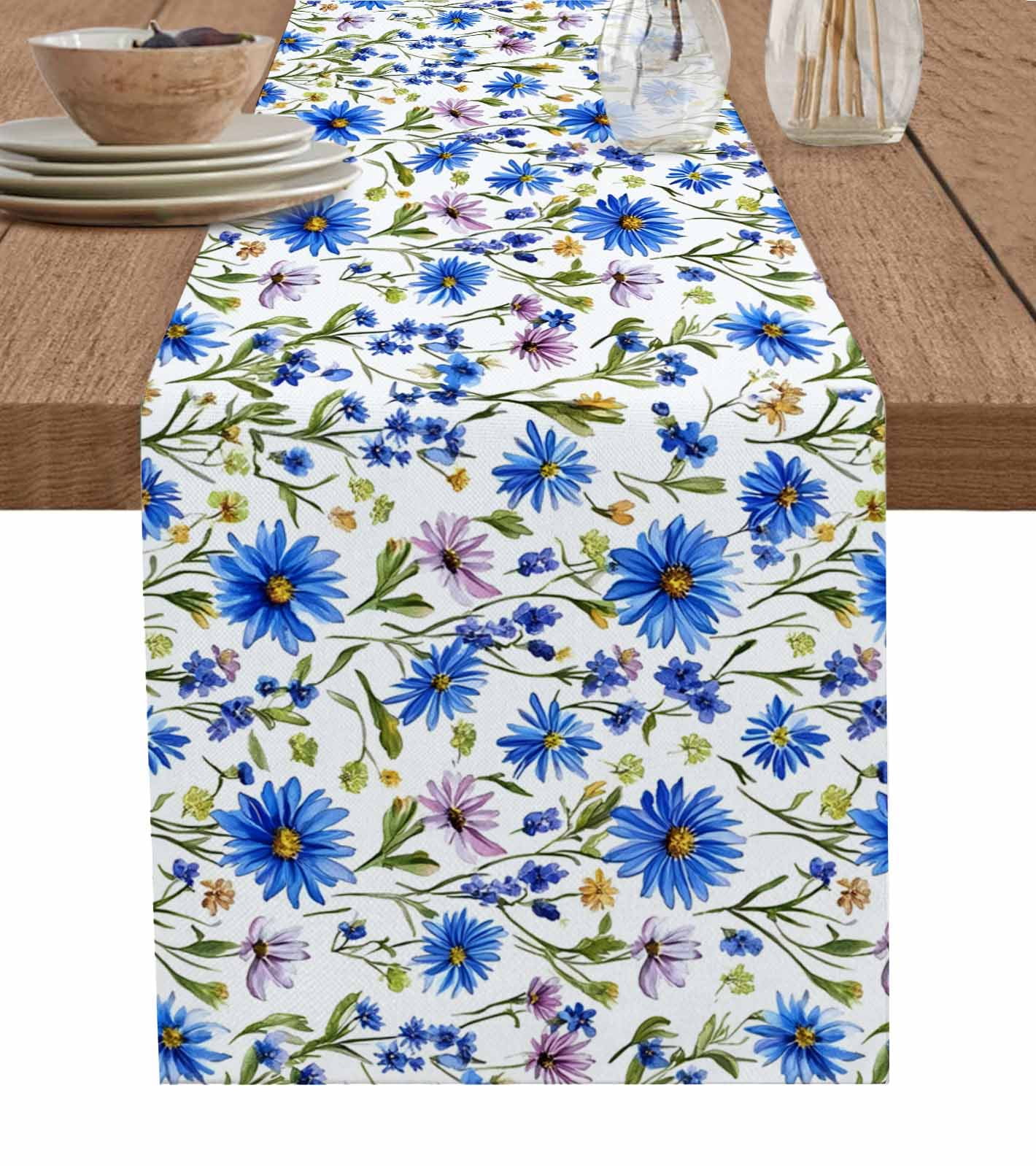 ERUNPONLY Blue Flower Table Runner - 36 Inch Long Pink Botanical ...