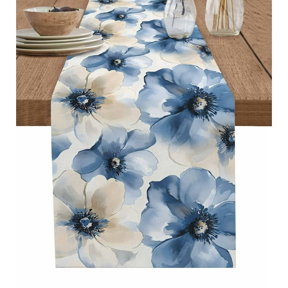 ERUNPONLY Blue Flower Table Runner - 36 Inch Long Watercolor Botanicals ...