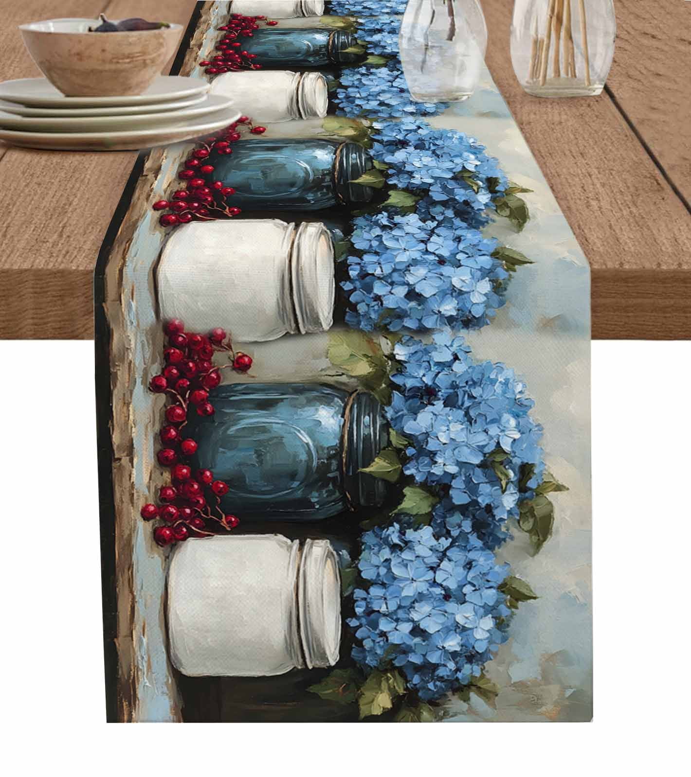 ERUNPONLY Blue Flower Table Runner - 72 Inch Long Vintage Hydrangeas ...