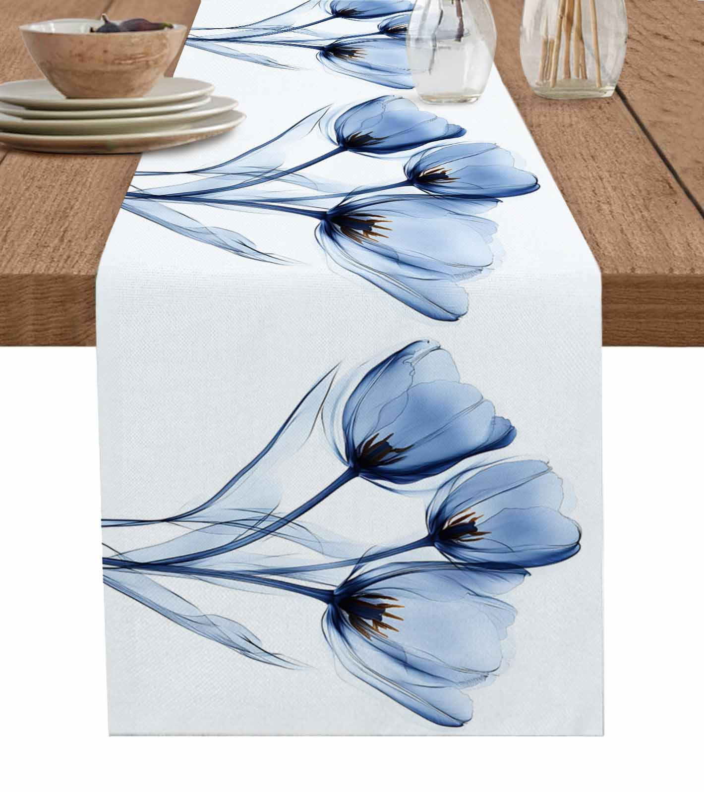 ERUNPONLY Blue Flowers Table Runner - 48 Inch Long Simple Gradient ...