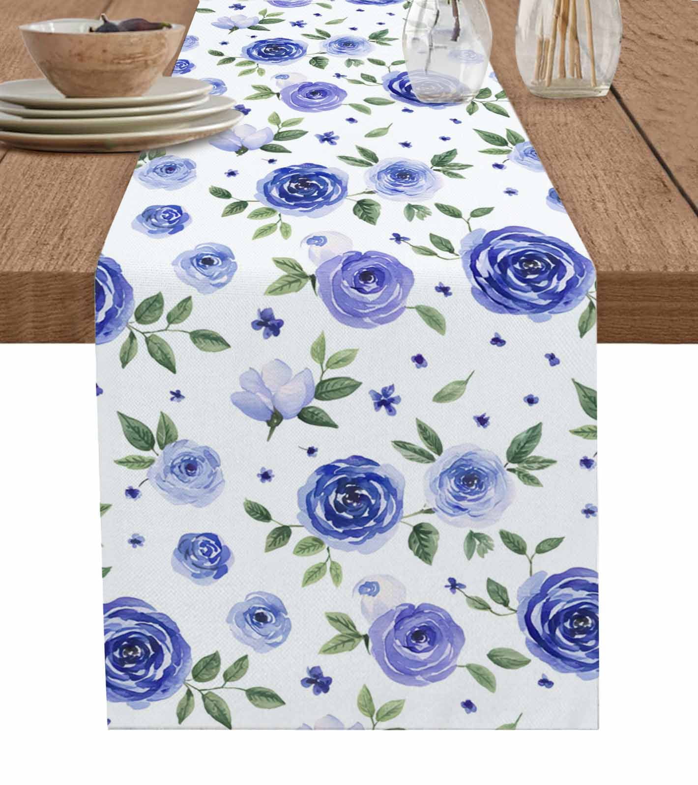 ERUNPONLY Blue Flowers Table Runner - 90 Inch Long Farmhouse Botanical ...