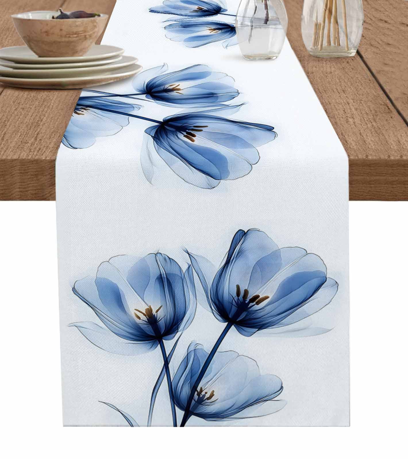 ERUNPONLY Blue Flowers Table Runner - 90 Inch Long Minimalism Botanical ...