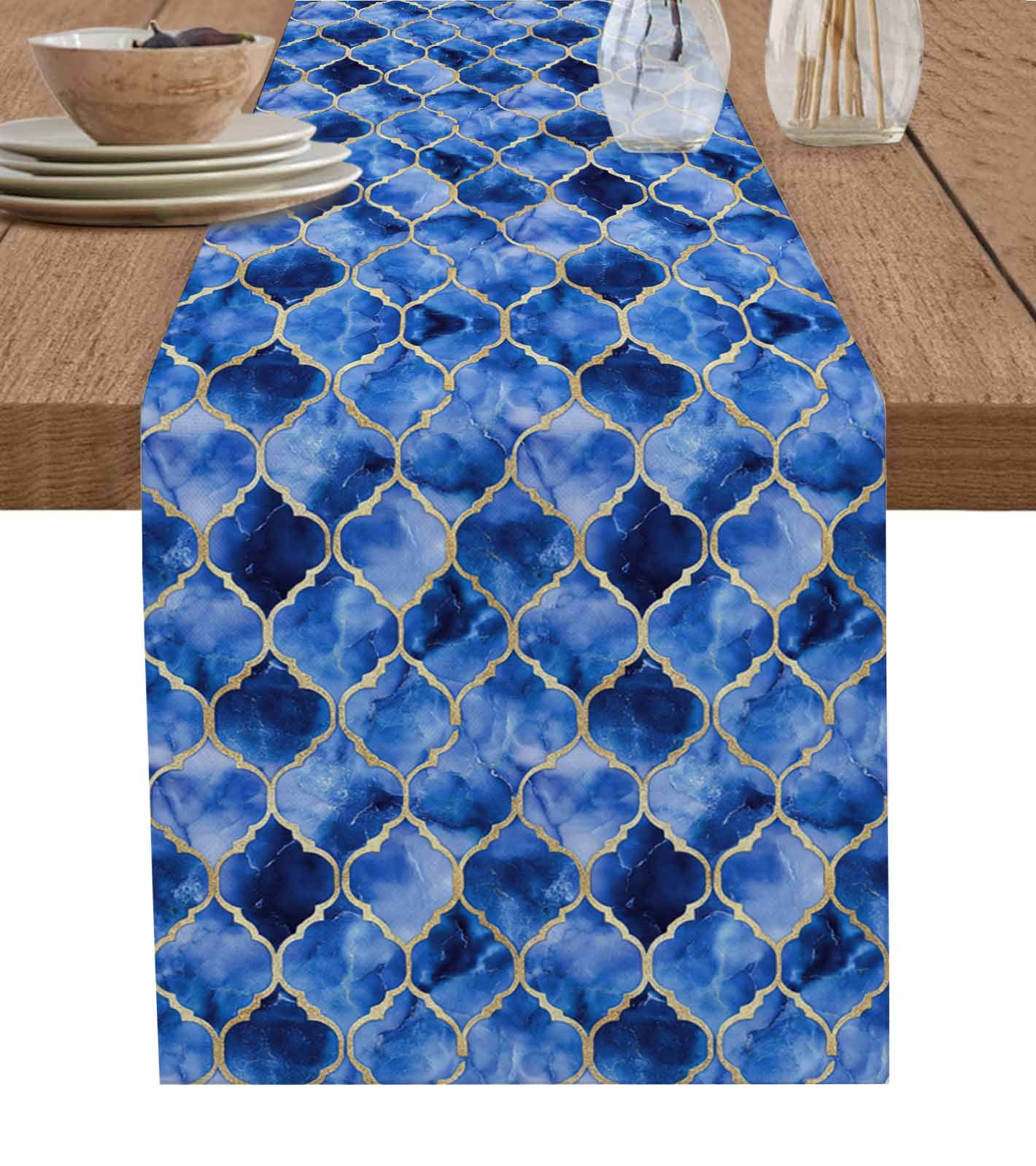 ERUNPONLY Blue Geometric Table Runner - 48 Inch Long Modern Morocco ...