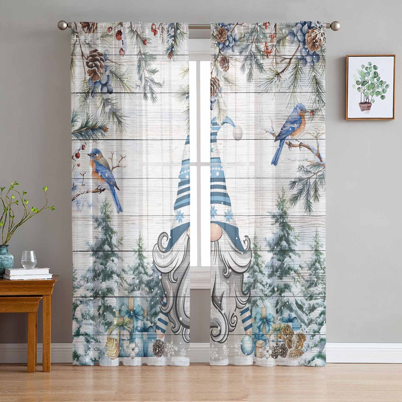 ERUNPONLY Blue Gnomes Christmas Sheer Curtains 63 Inch Length 2 Panels Set, Xmas Tree Snowflake ...