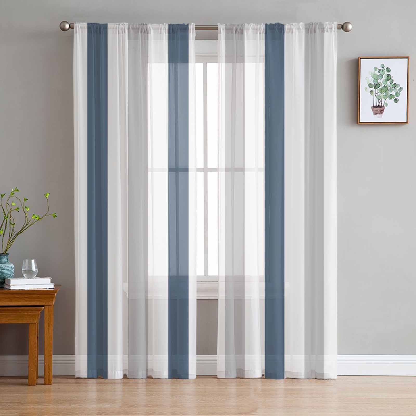 ERUNPONLY Blue Gray Striped Sheer Curtains 72 Inch Length 2 Panels Set ...