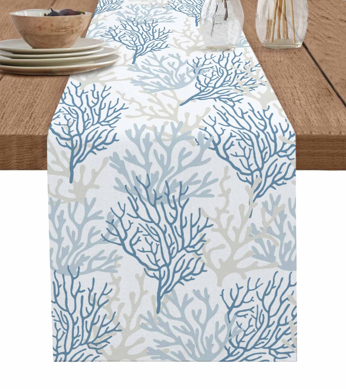 ERUNPONLY Blue Grey Coral Coastal Table Runner - 72 Inch Long Summer ...