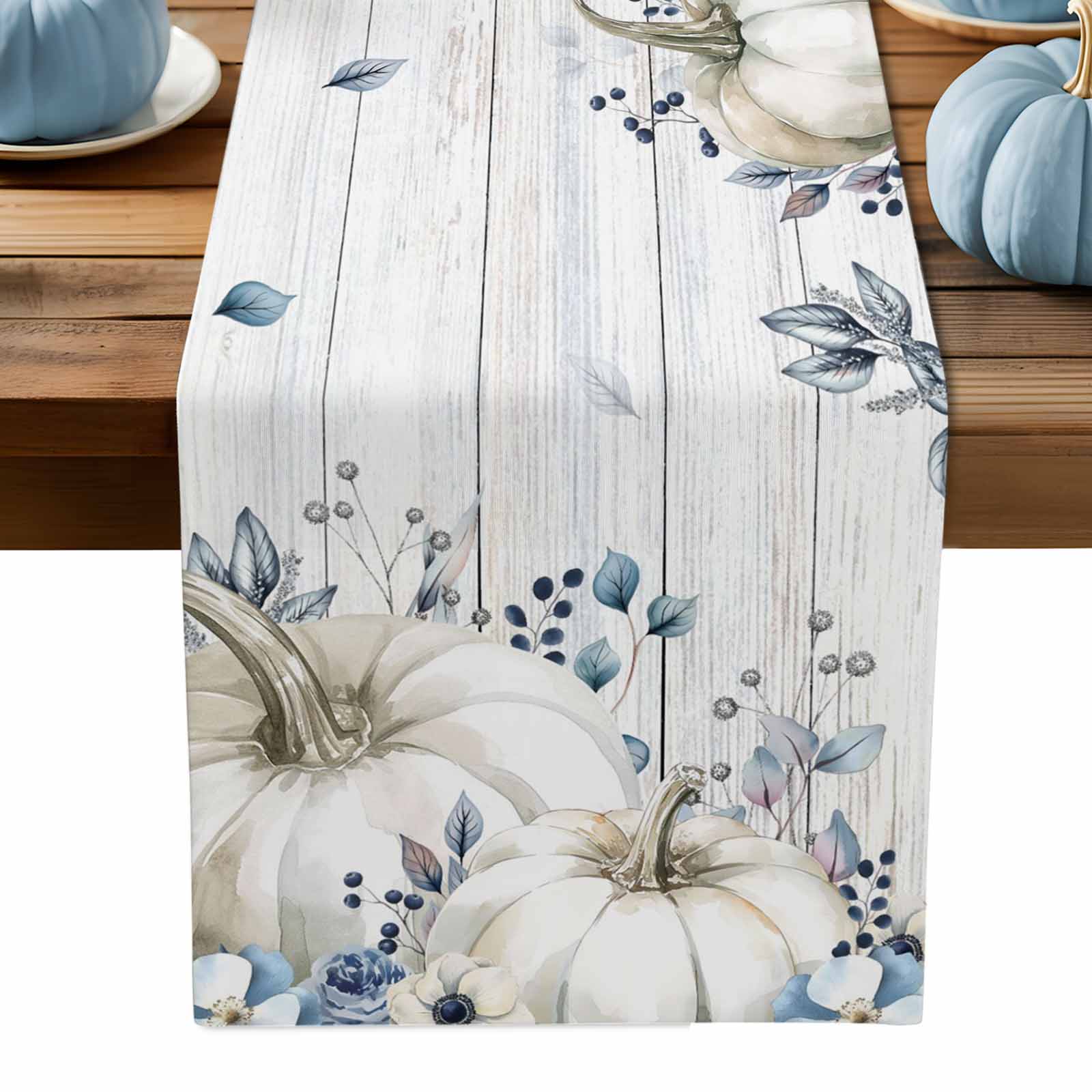 ERUNPONLY Blue Grey Pumpkins Fall Table Runner - 70 Inch Long ...