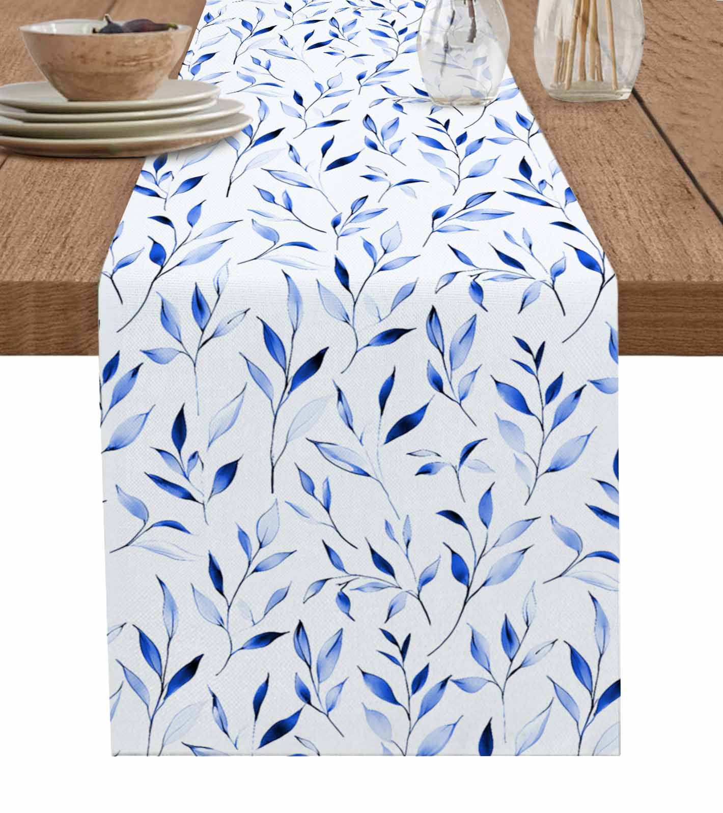 ERUNPONLY Blue Leaf Table Runner - 70 Inch Long Modern Botanical ...