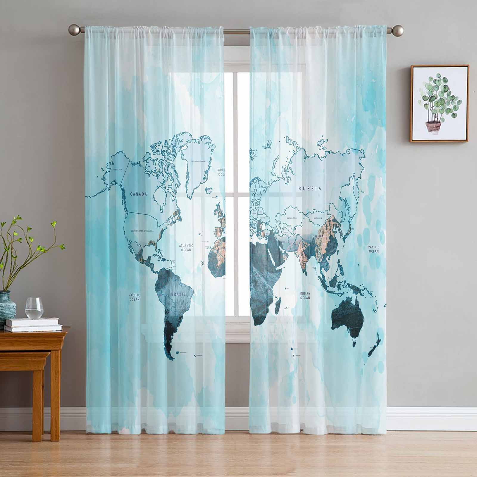 ERUNPONLY Blue Maps Sheer Curtains 63 Inch Length 2 Panels Set ...