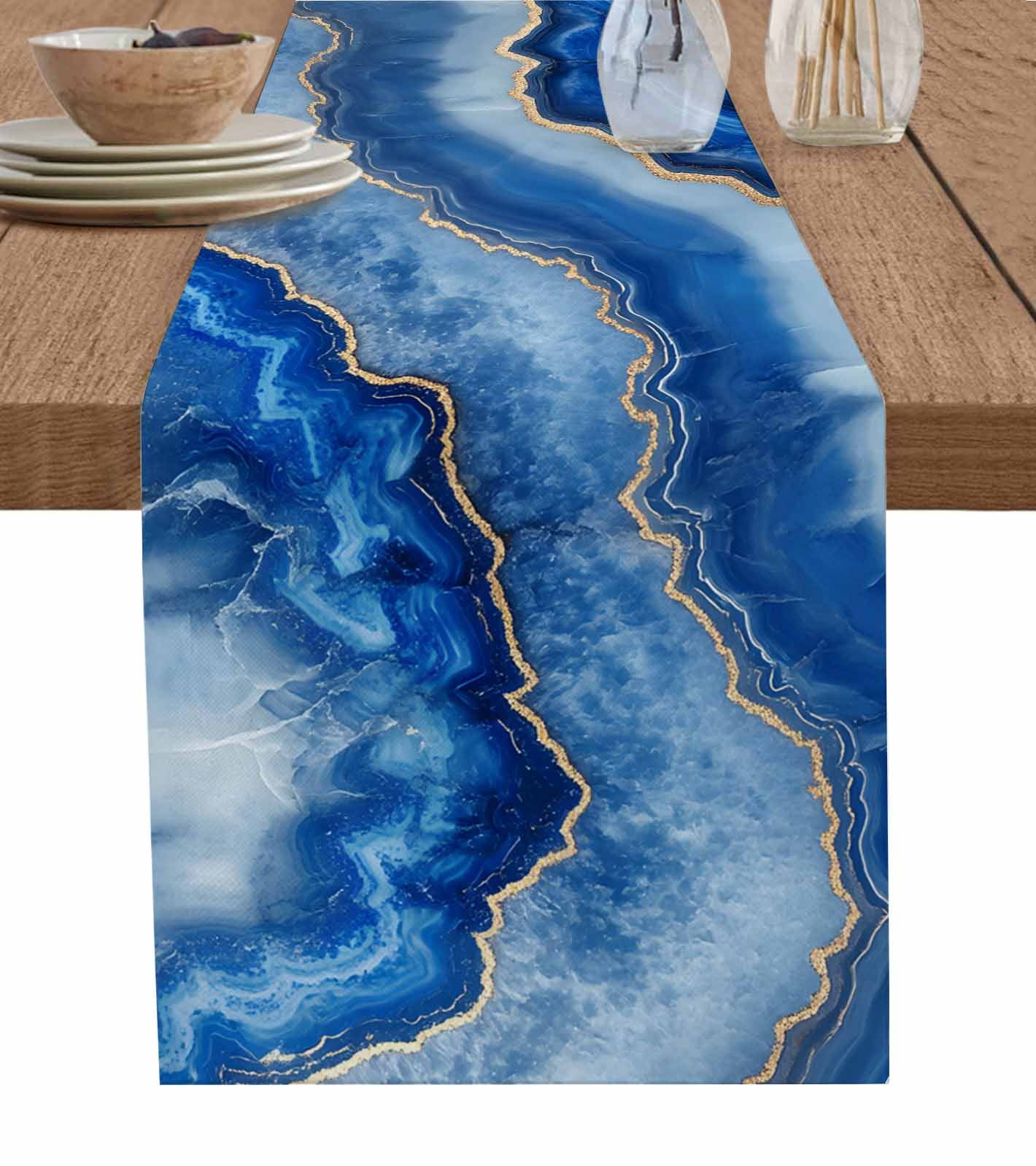 ERUNPONLY Blue Marble Table Runner - 60 Inch Long Modern Luxury Granite ...