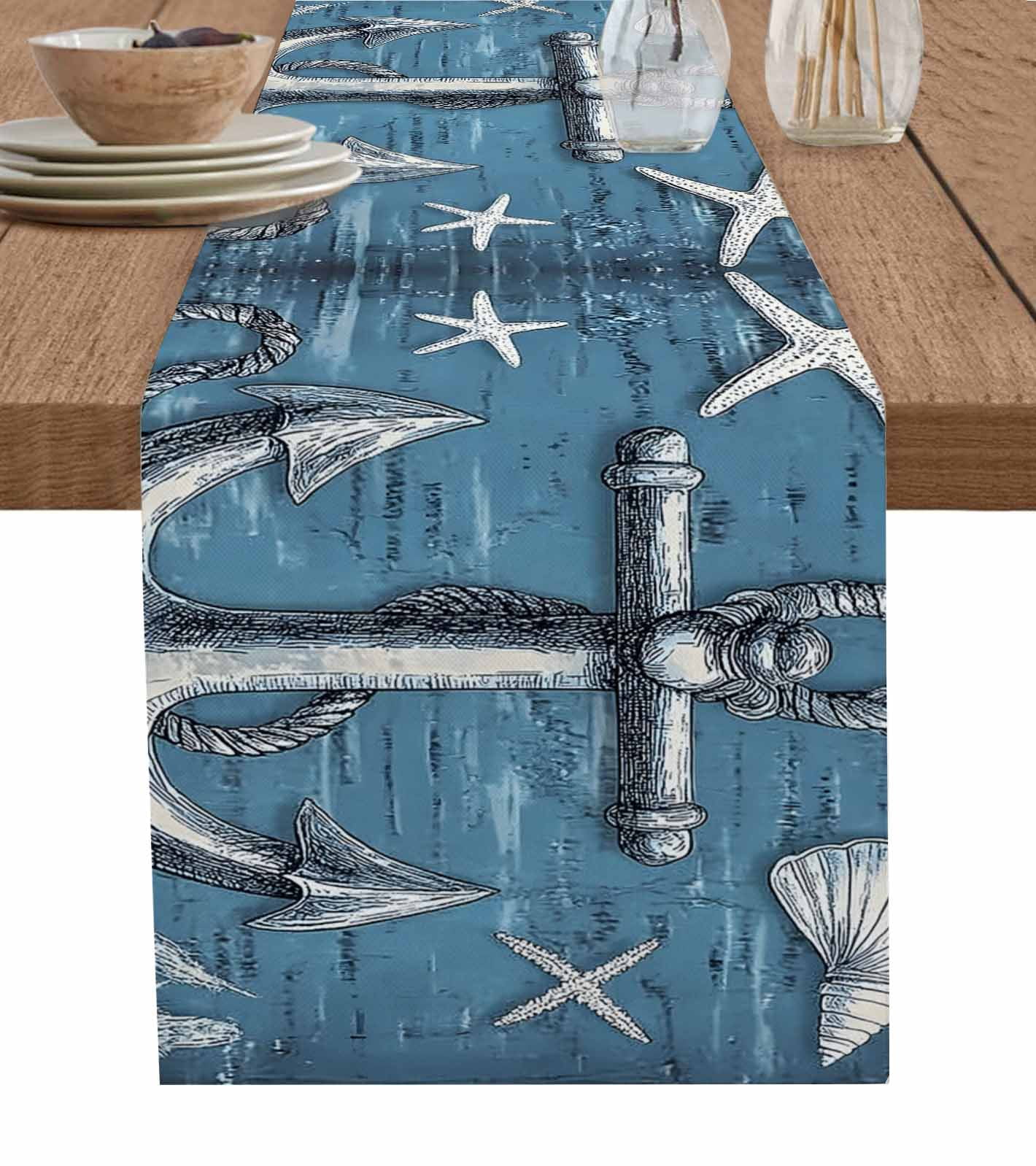 ERUNPONLY Blue Nautical Anchor Table Runner - 72 Inch Long Summer ...