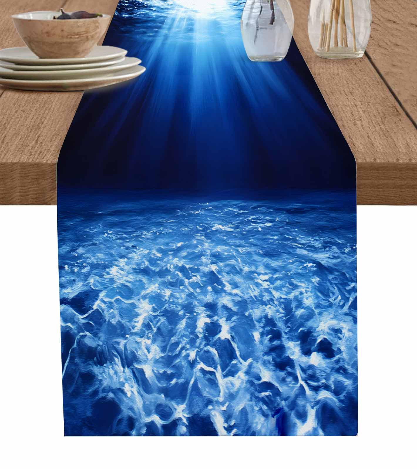 ERUNPONLY Blue Ocean Table Runner - 108 Inch Long Underwater Water ...