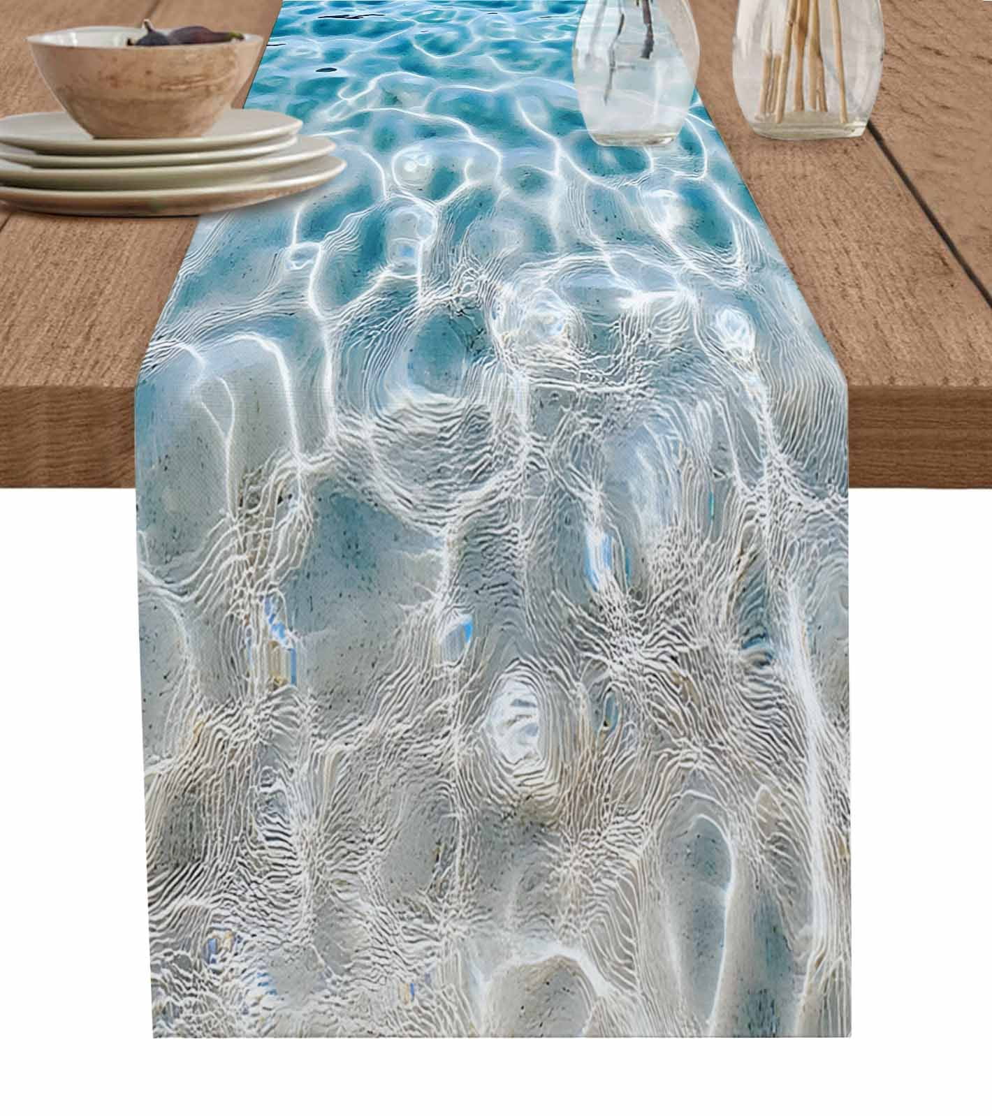 ERUNPONLY Blue Ocean Table Runner - 90 Inch Long Underwater Sea Waves ...