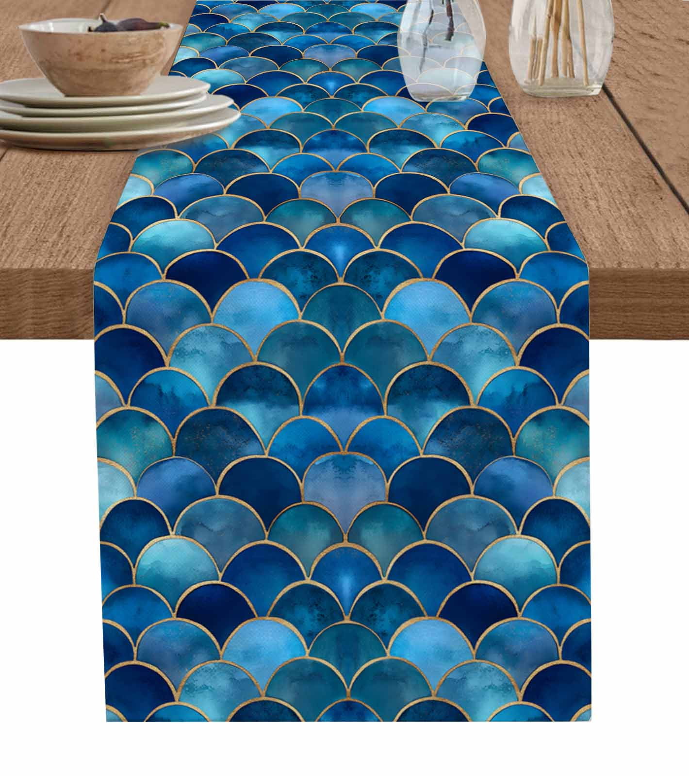 ERUNPONLY Blue Ombre Scale Table Runner - 90 Inch Long Abstract Art ...