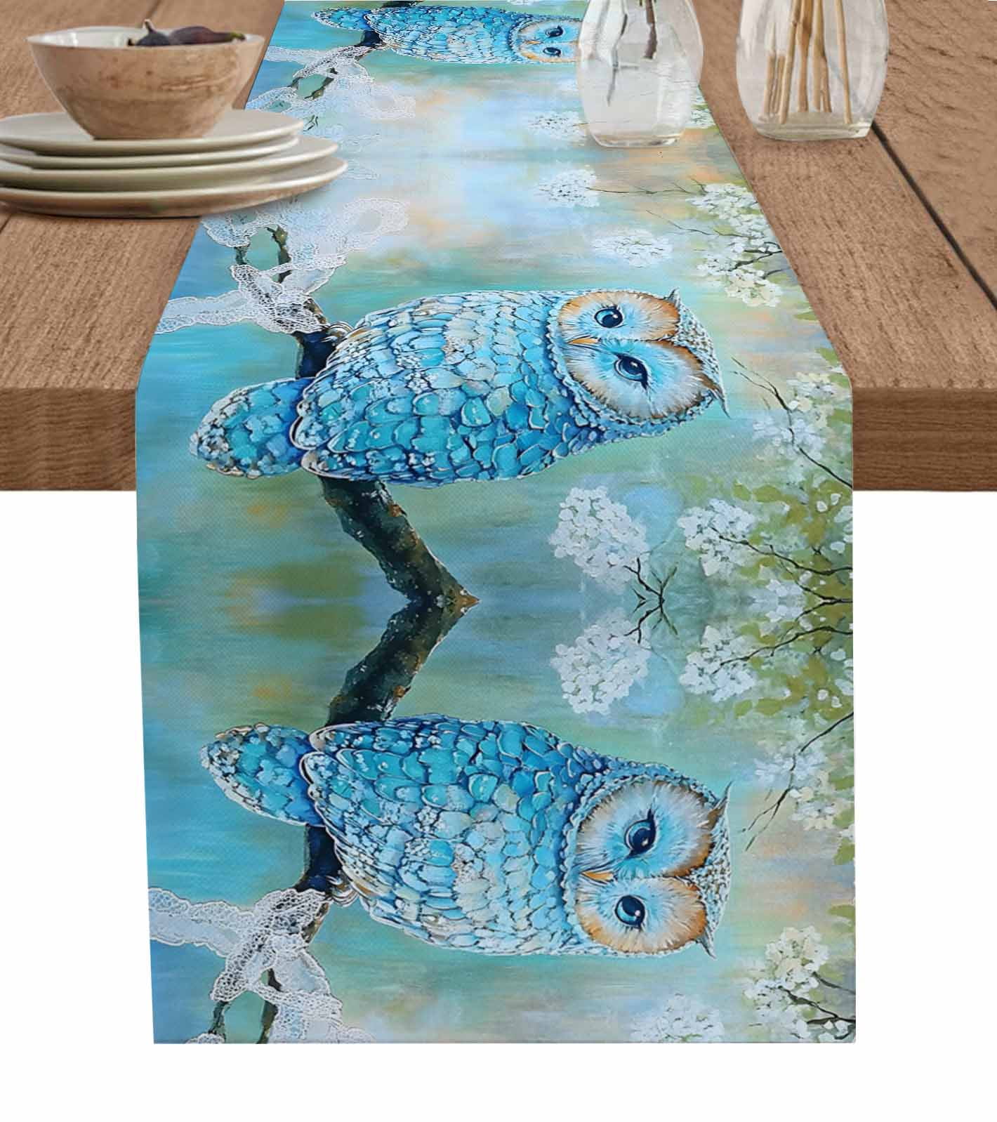 ERUNPONLY Blue Owl Table Runner - 90 Inch Long Watercolor Flower Bird ...