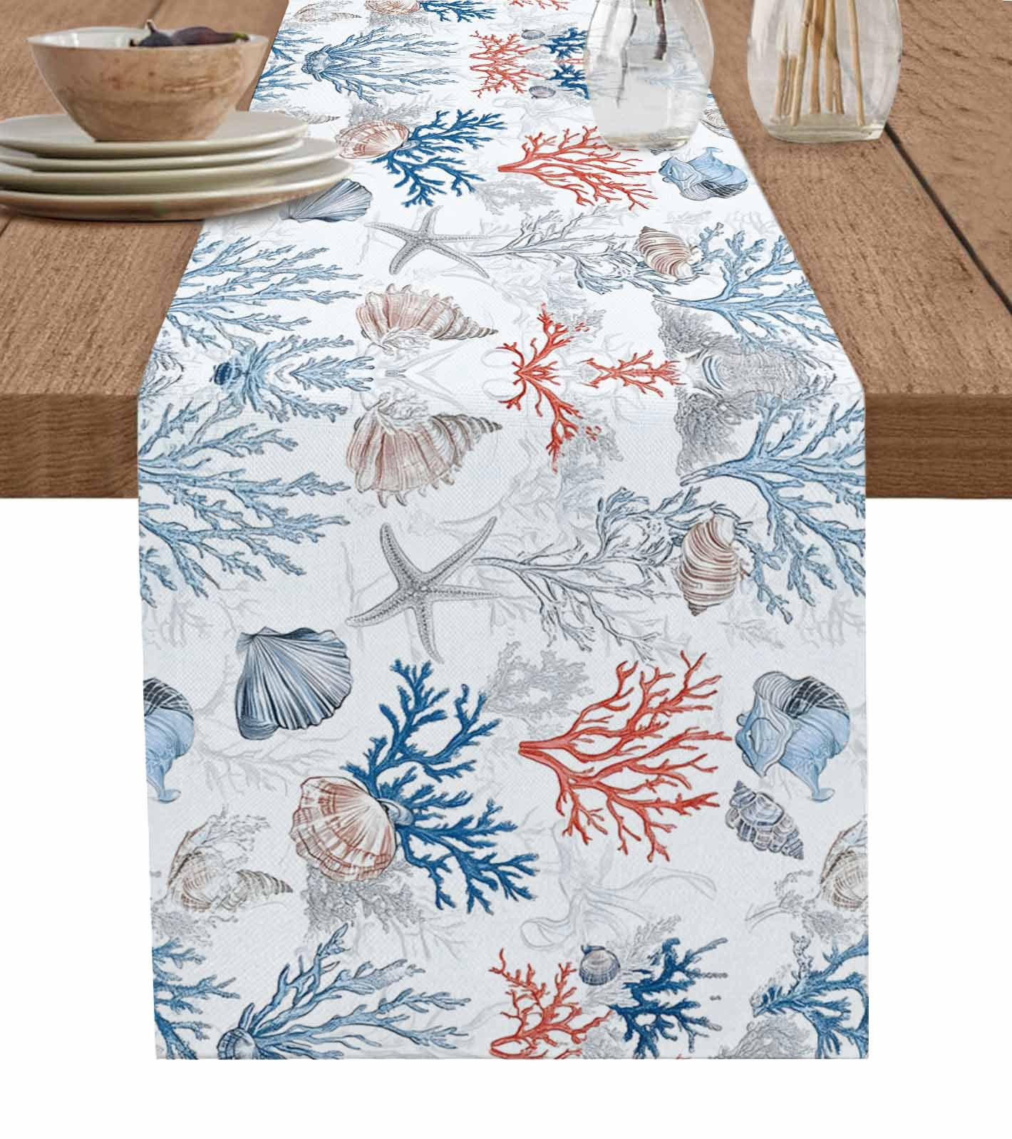 ERUNPONLY Blue Red Coral Table Runner - 48 Inch Long Coastal Shell ...