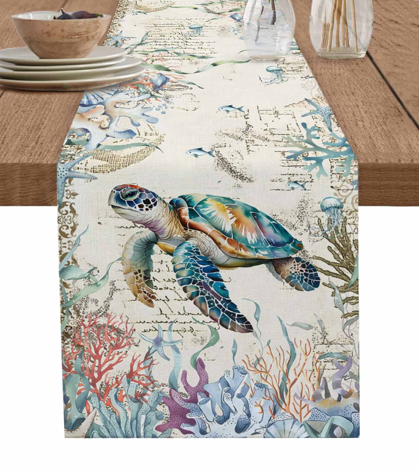 ERUNPONLY Blue Sea Turtle Coastal Table Runner - 48 Inch Long Vintage ...