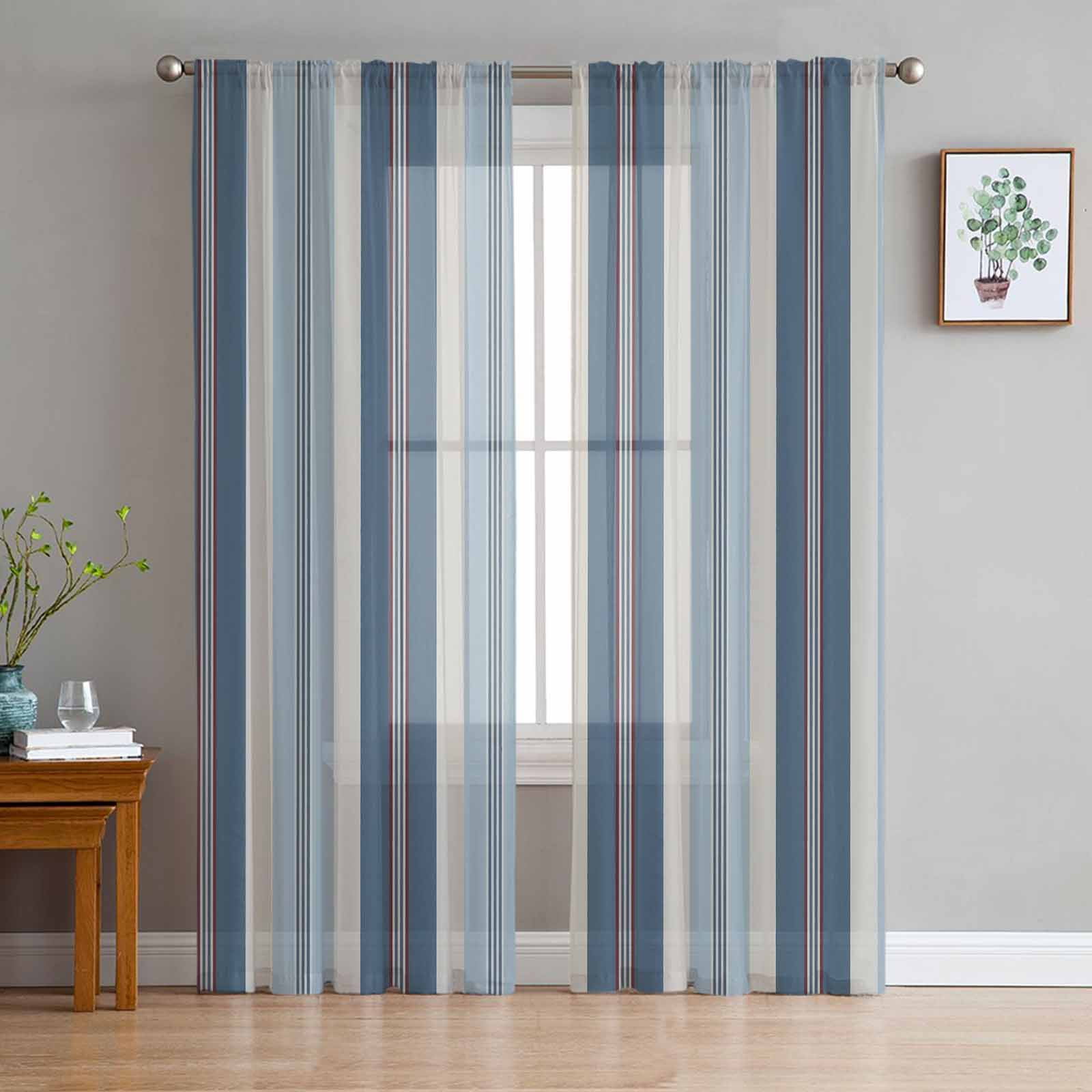 ERUNPONLY Blue Striped Sheer Curtains 84 Inch Length 2 Panels Set ...