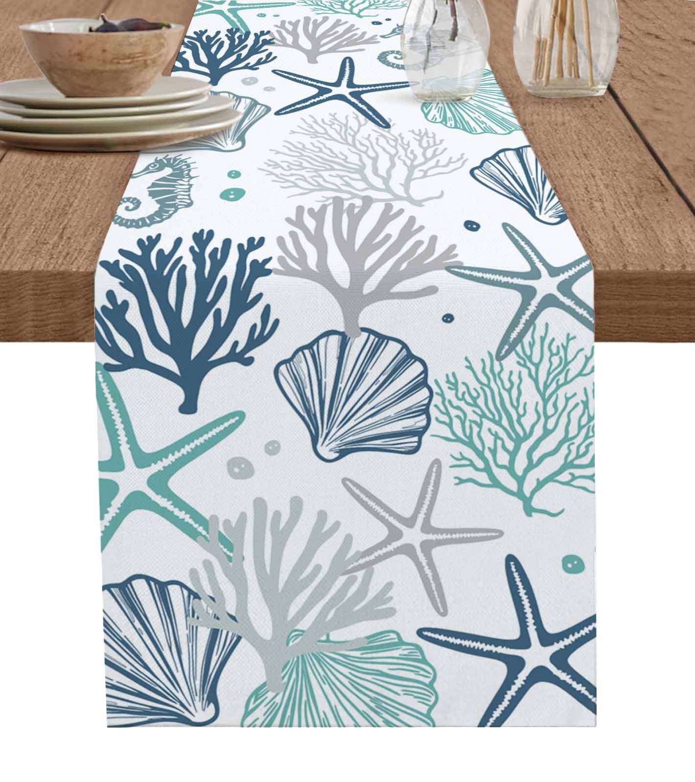 ERUNPONLY Blue Teal Coastal Table Runner - 72 Inch Long Summer Beach ...