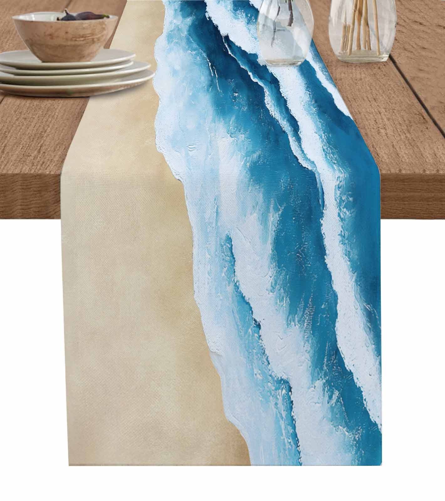 ERUNPONLY Blue Waves Coastal Table Runner - 90 Inch Long Summer Beach ...