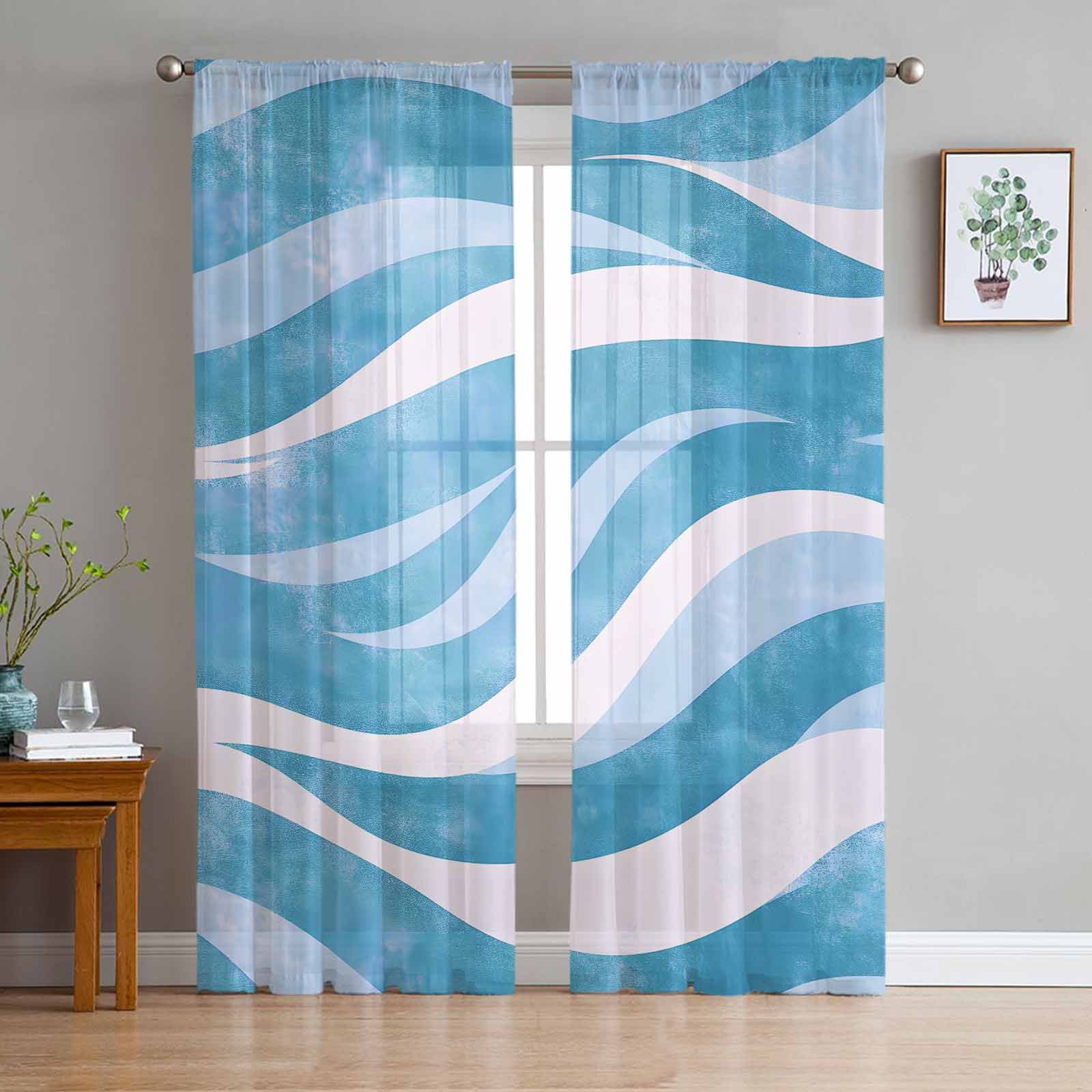 ERUNPONLY Blue Waves Sheer Curtains 63 Inch Length 2 Panels Set, Ombre ...