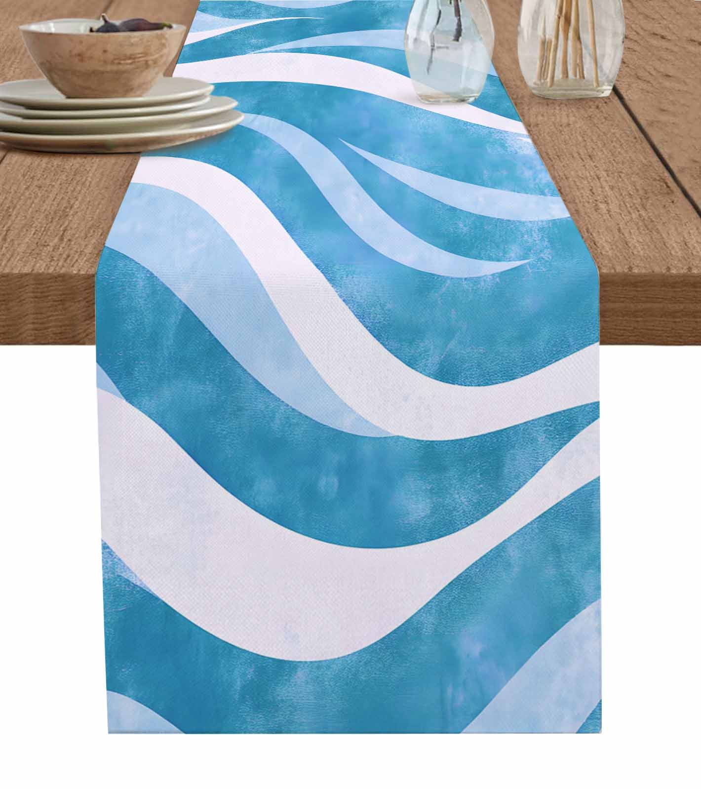 ERUNPONLY Blue Waves Table Runner - 72 Inch Long Ombre Sea Ripples ...