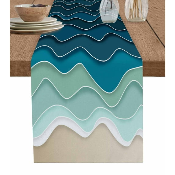 ERUNPONLY Blue Waves Table Runner - 72 Inch Long Rustic Abstract Beach ...