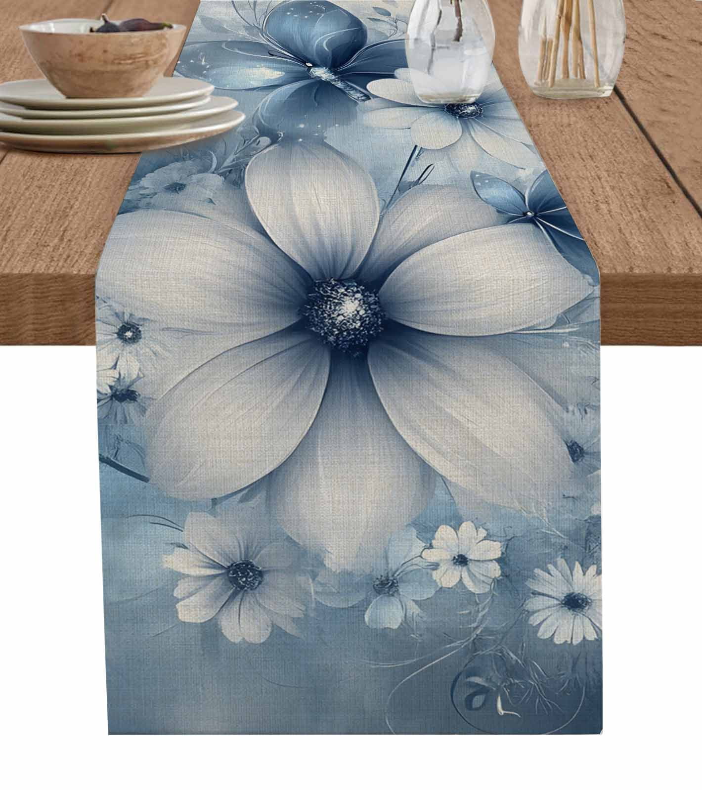 ERUNPONLY Blue White Daisy Table Runner - 72 Inch Long Vintage Elegant ...
