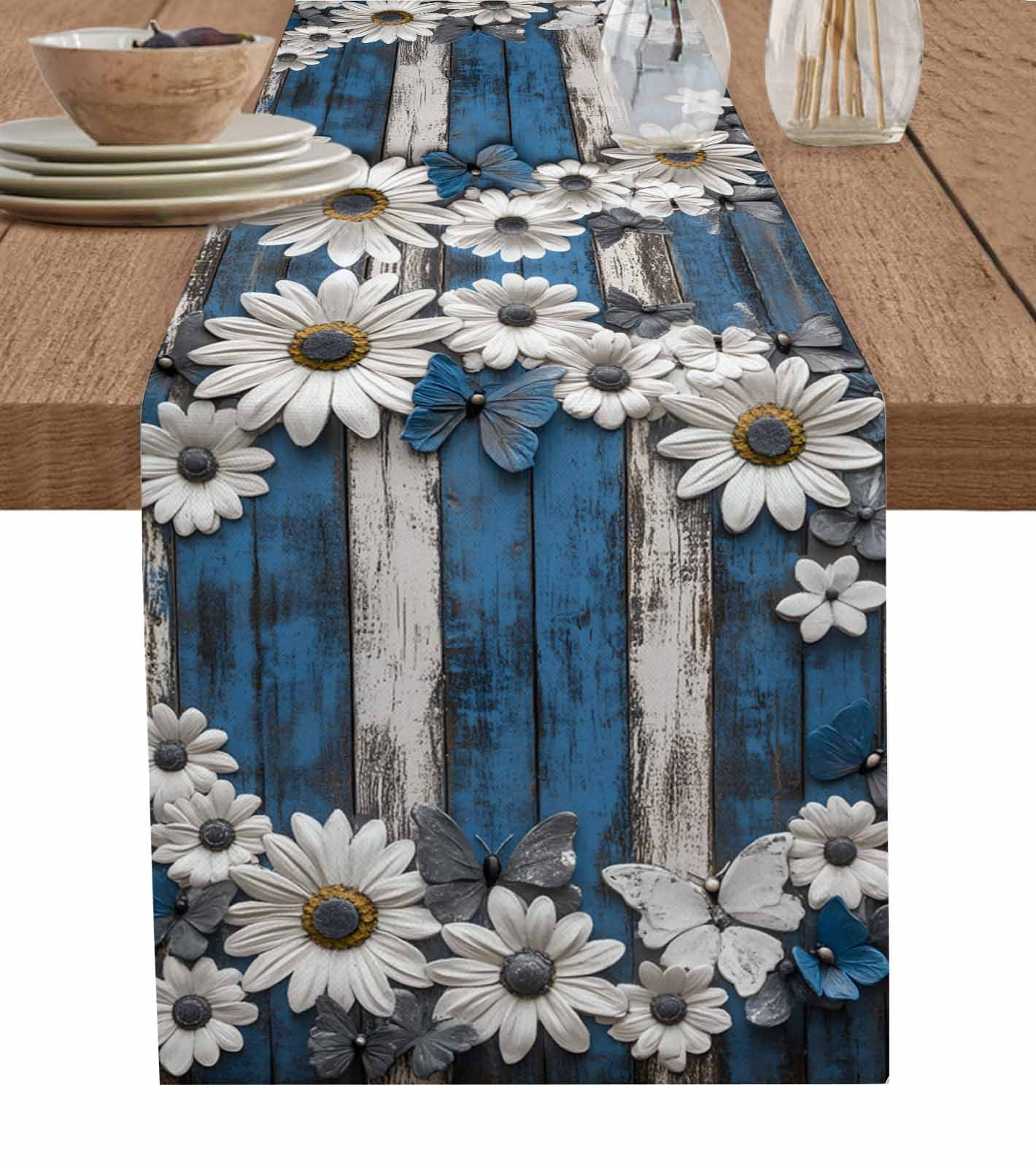 ERUNPONLY Blue White Daisy Table Runner - 90 Inch Long Vintage ...