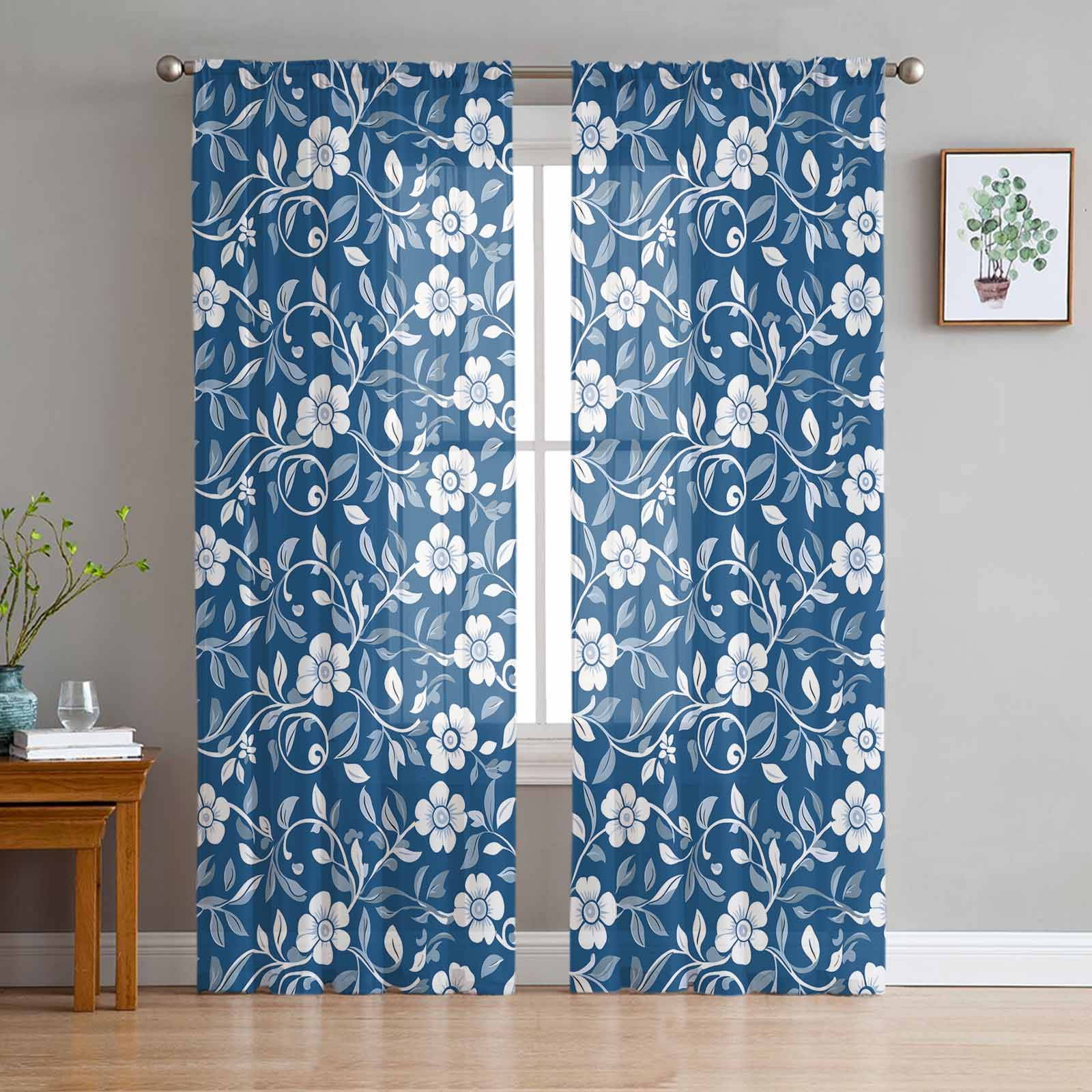 ERUNPONLY Blue White Floral Sheer Curtains 63 Inch Length 2 Panels Set ...