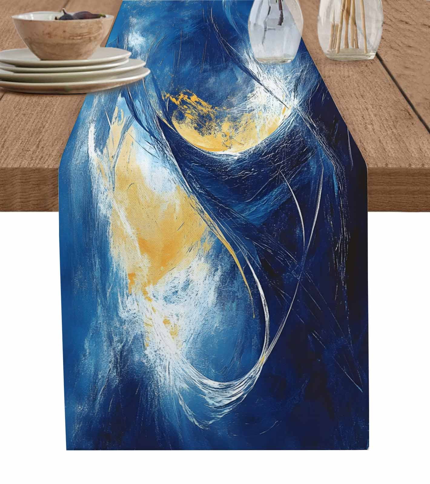ERUNPONLY Blue Yellow Abstract Table Runner - 90 Inch Long Modern Oil ...