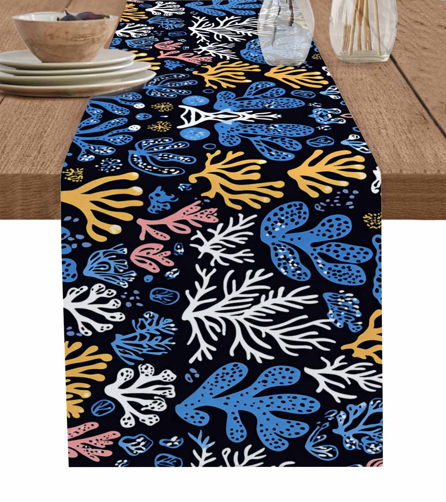 ERUNPONLY Blue Yellow White Coral Table Runner - 60 Inch Long Coastal ...