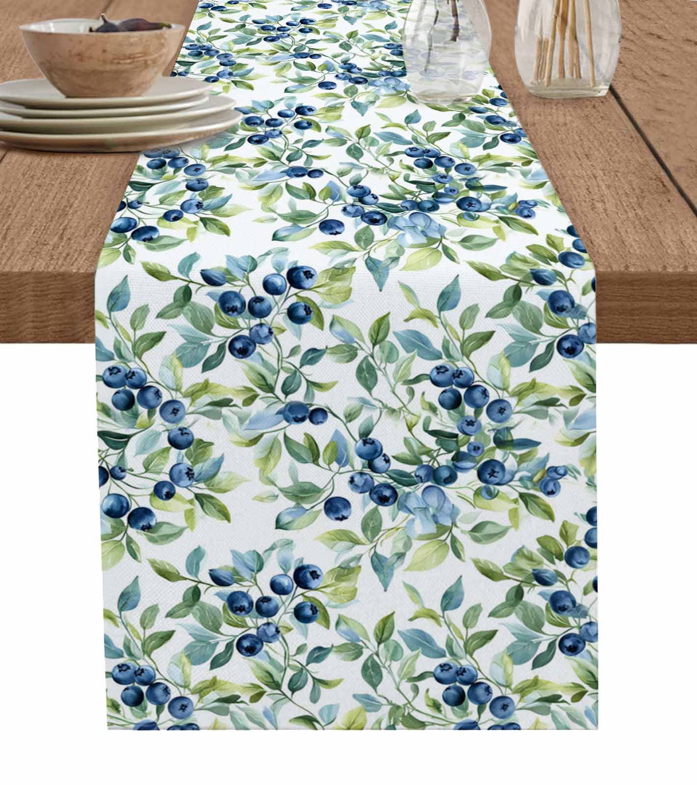 ERUNPONLY Blueberrys Leaves Table Runner - 72 Inch Long Country Green ...