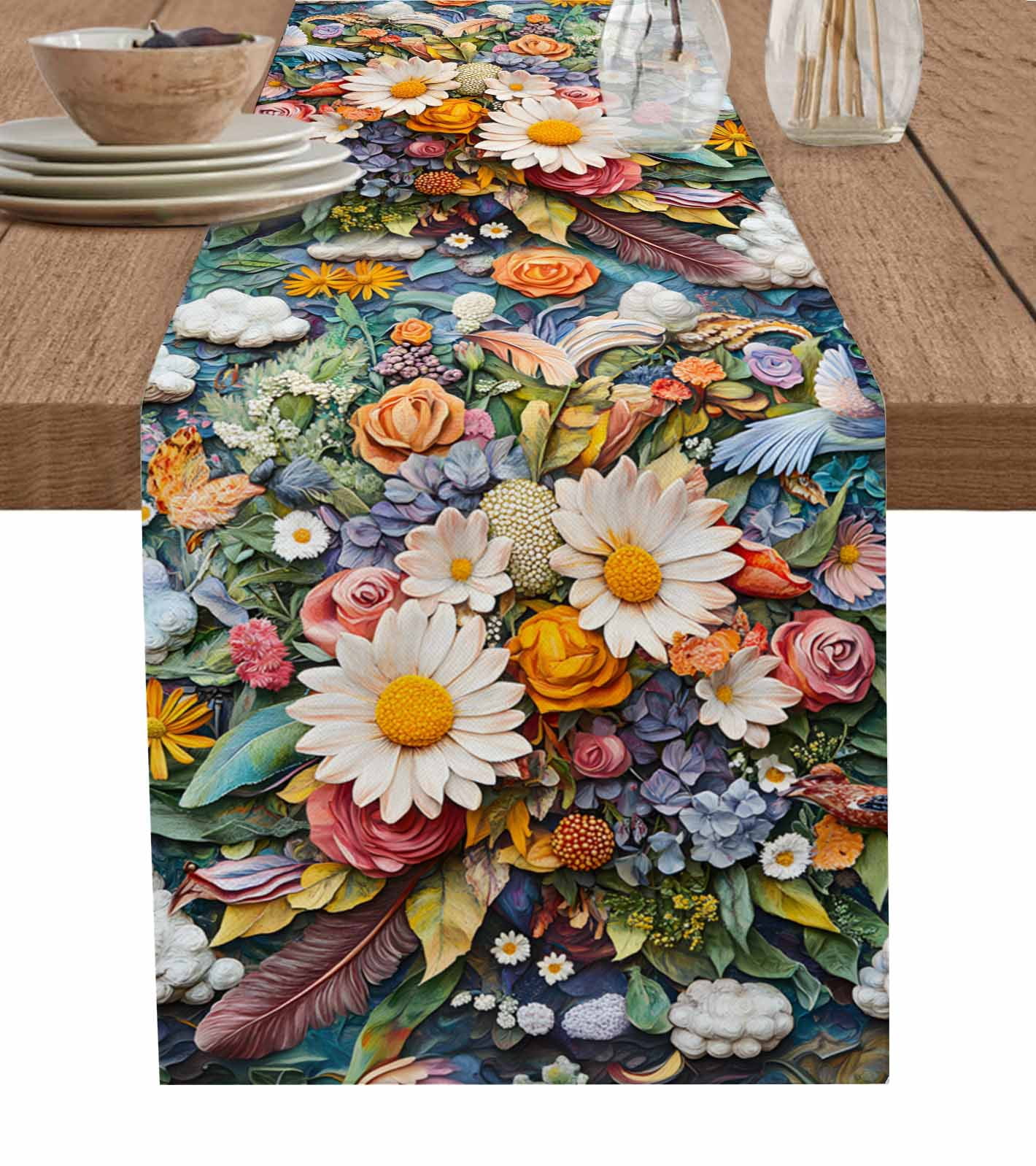 ERUNPONLY Boho Flower Table Runner - 70 Inch Long Retro Daisies Bohemia ...